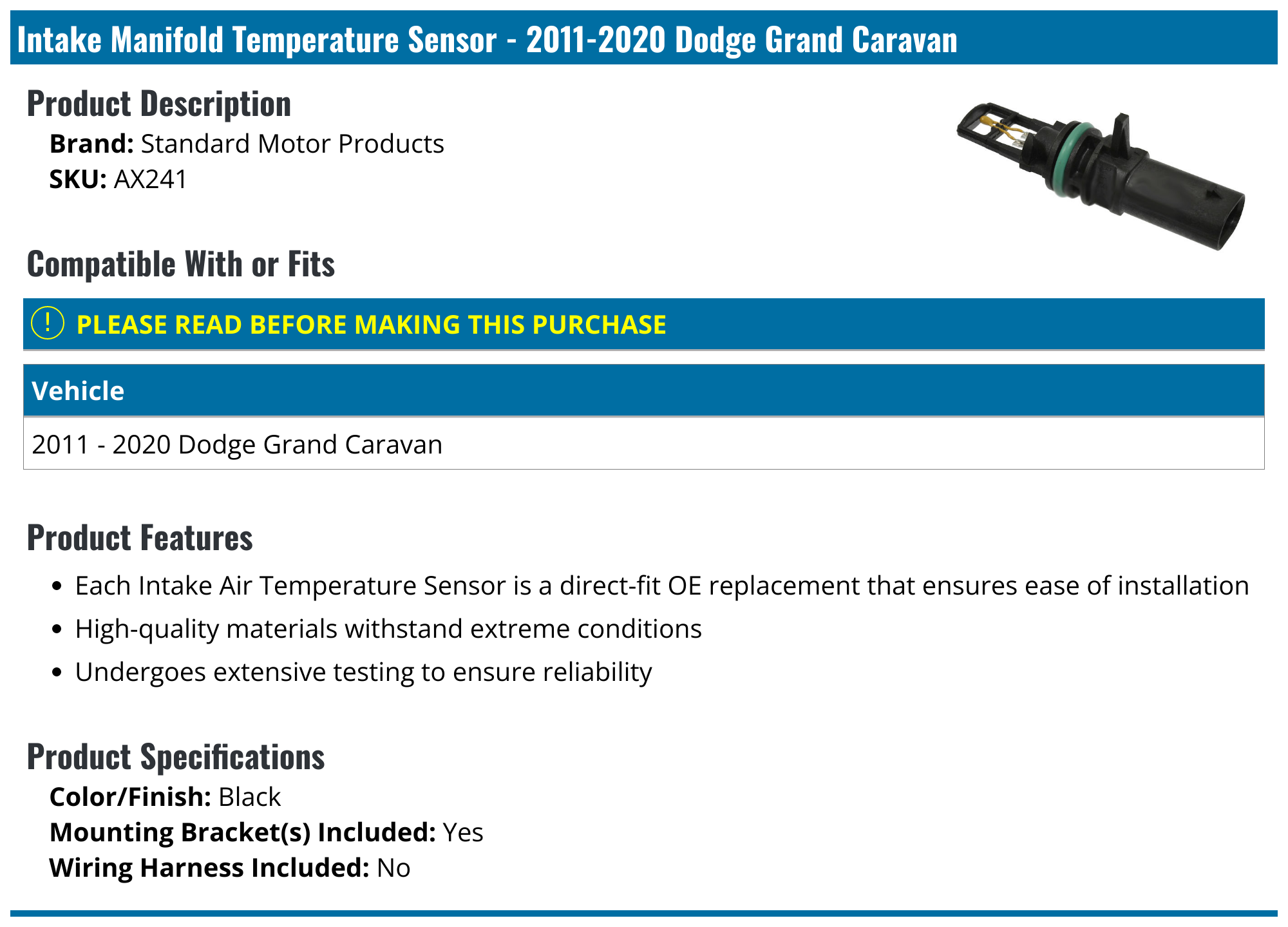 2011-2020 Dodge Grand Caravan Intake Manifold Temperature Sensor ...