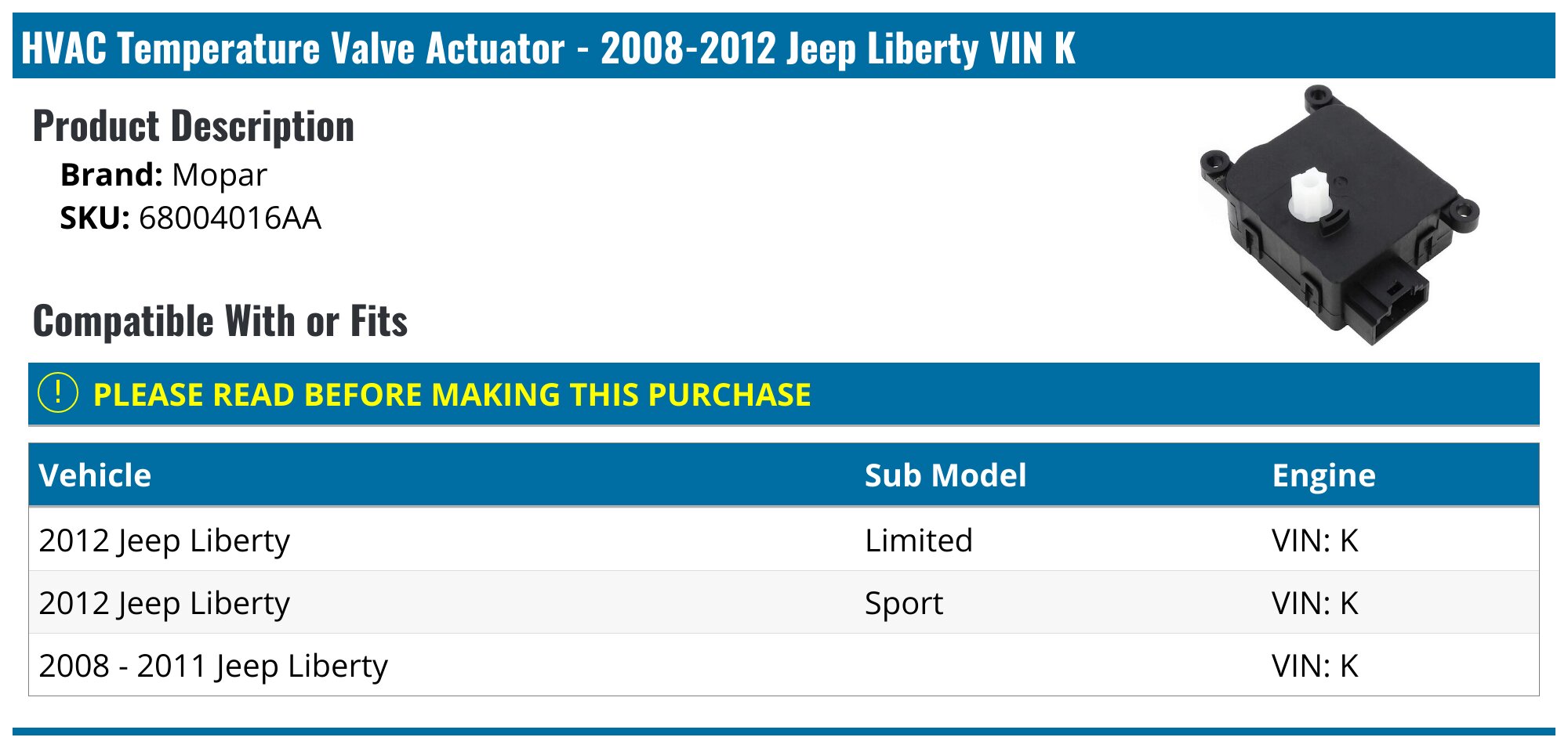 2008-2012 Jeep Liberty HVAC Temperature Valve Actuator - Mopar ...