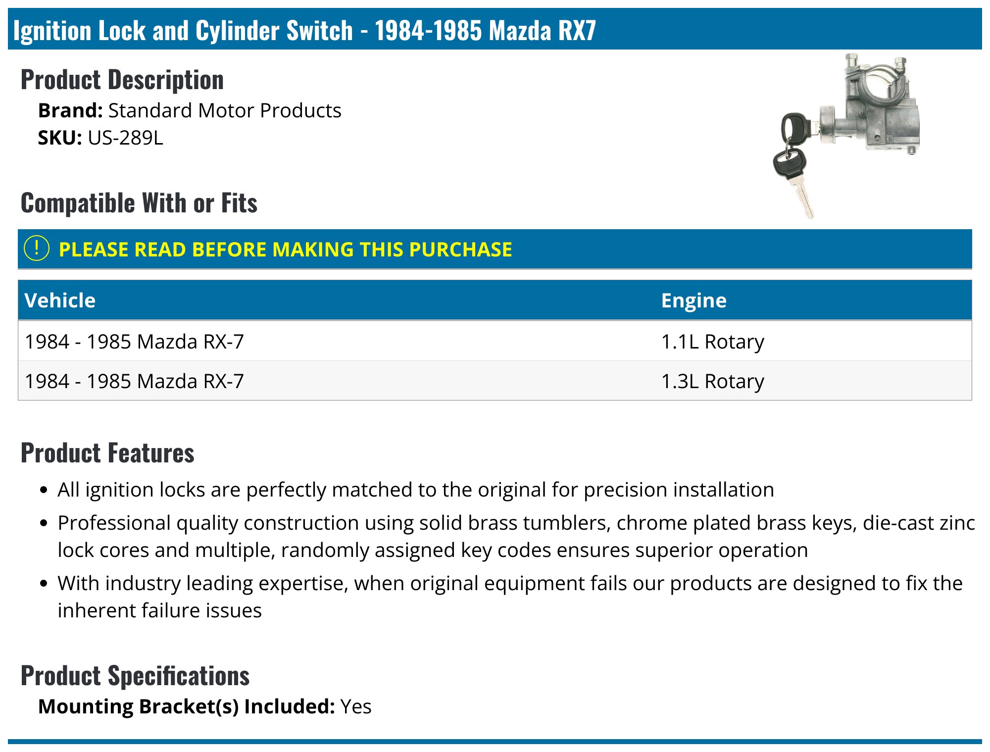 1984-1985 Mazda RX7 Ignition Switch - Standard Motor Products US-289L ...