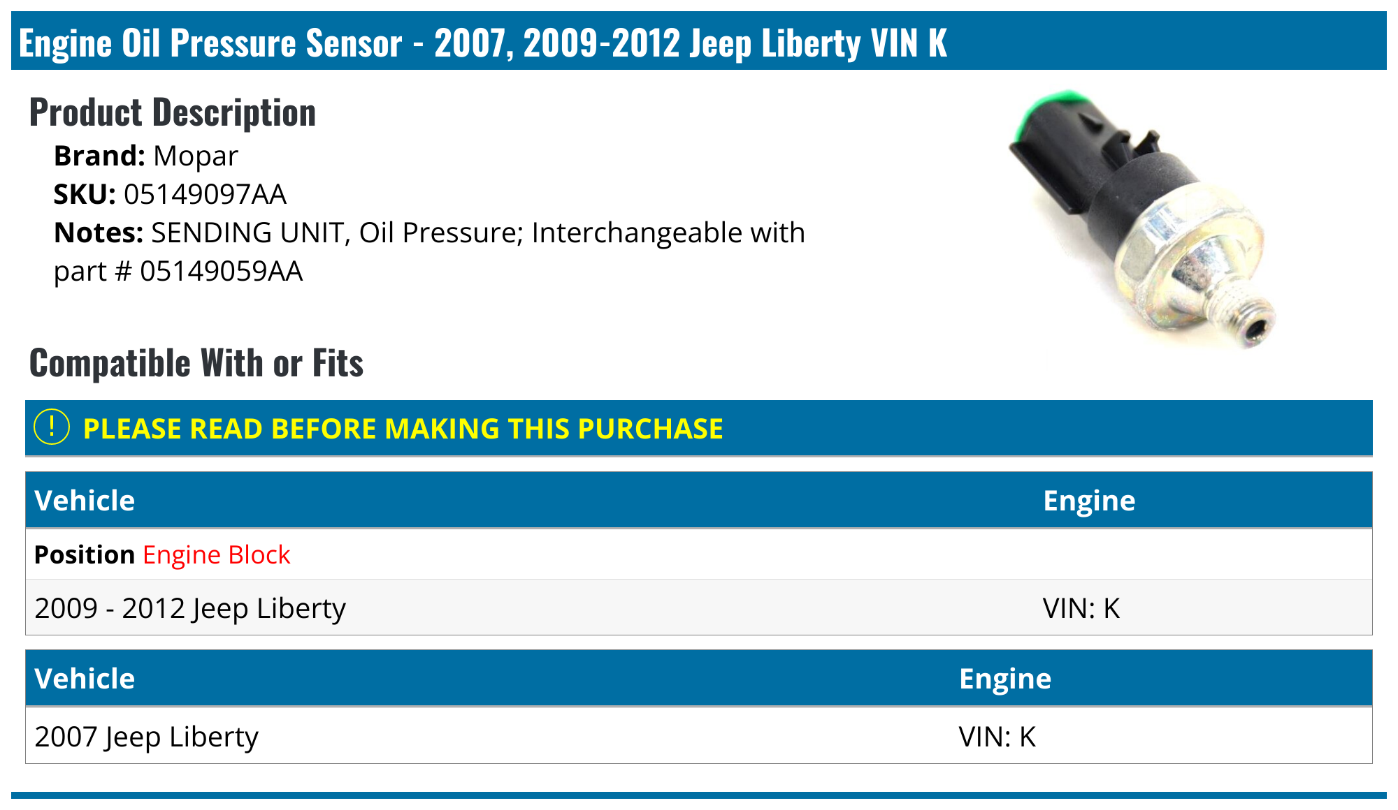 2007, 2009-2012 Jeep Liberty Engine Oil Pressure Sensor - Mopar ...