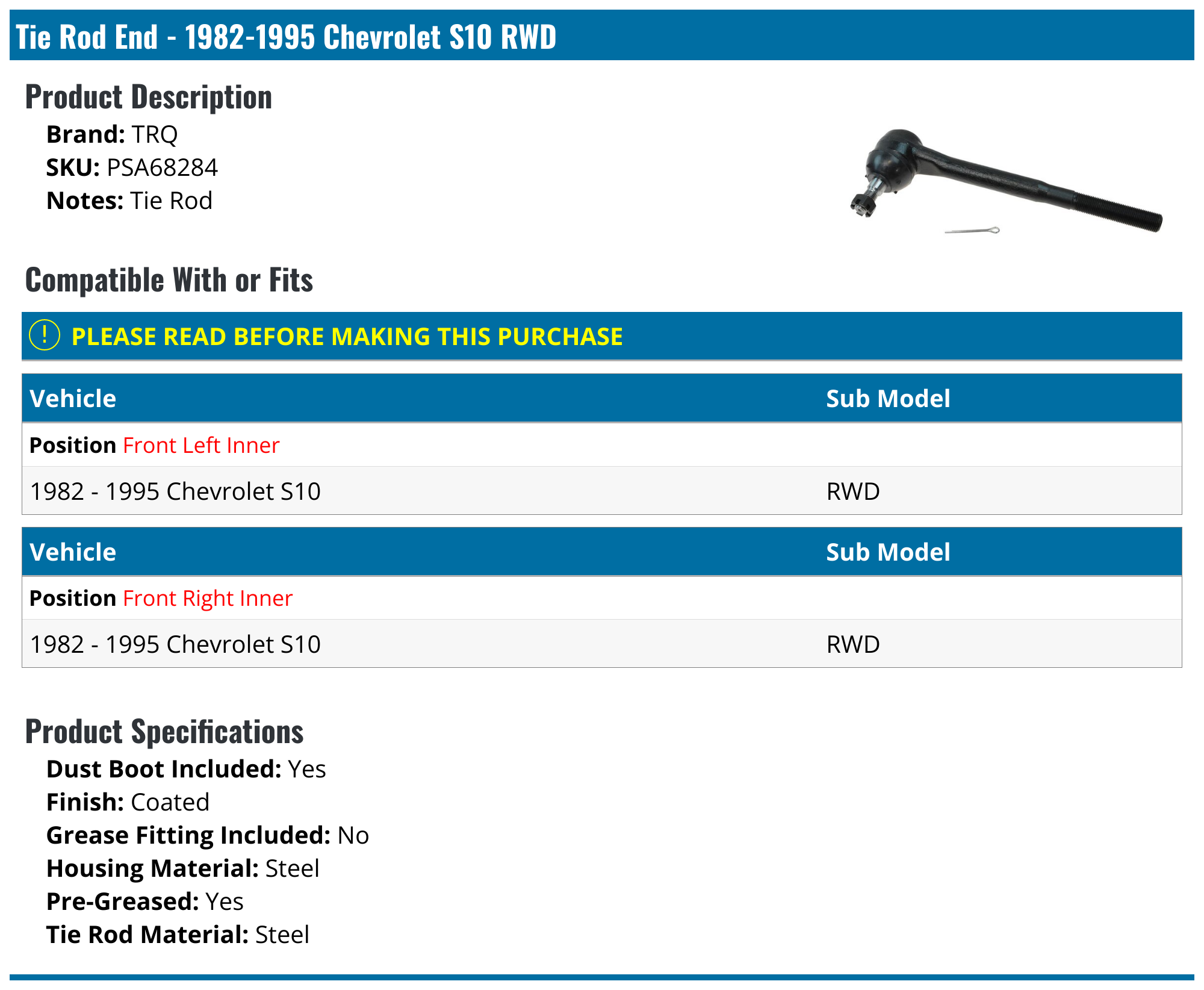 1982-1995 Chevrolet S10 Tie Rod End - TRQ PSA68284 - Front Right Inner ...