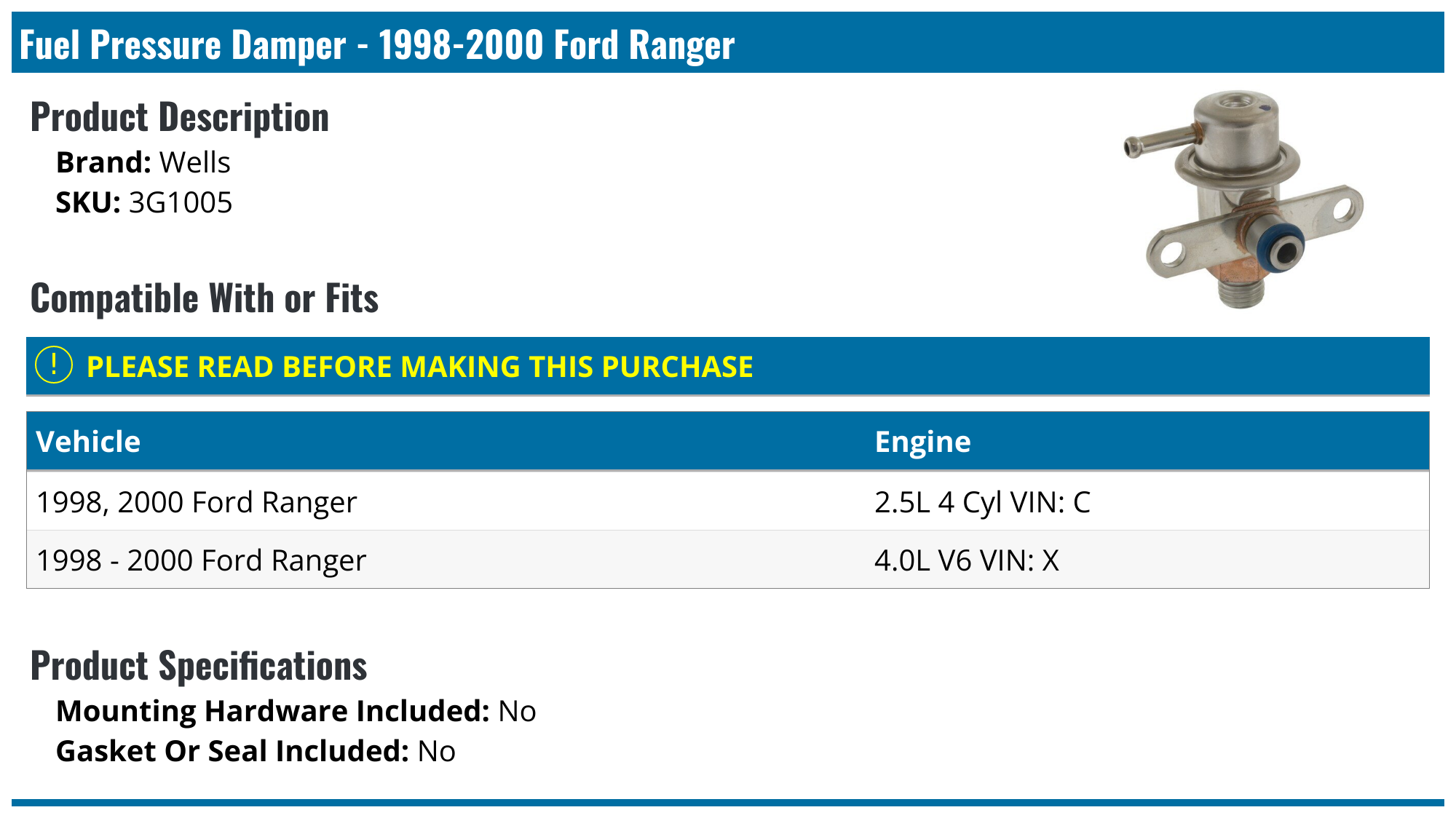 1998-2000 Ford Ranger Fuel Pressure Damper - Wells 3G1005 - PartsGeek.com