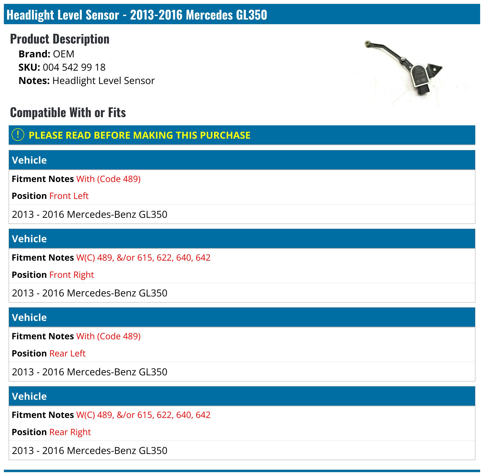 2013-2016 Mercedes GL350 Headlight Level Sensor - OEM 004 542 99 18 ...