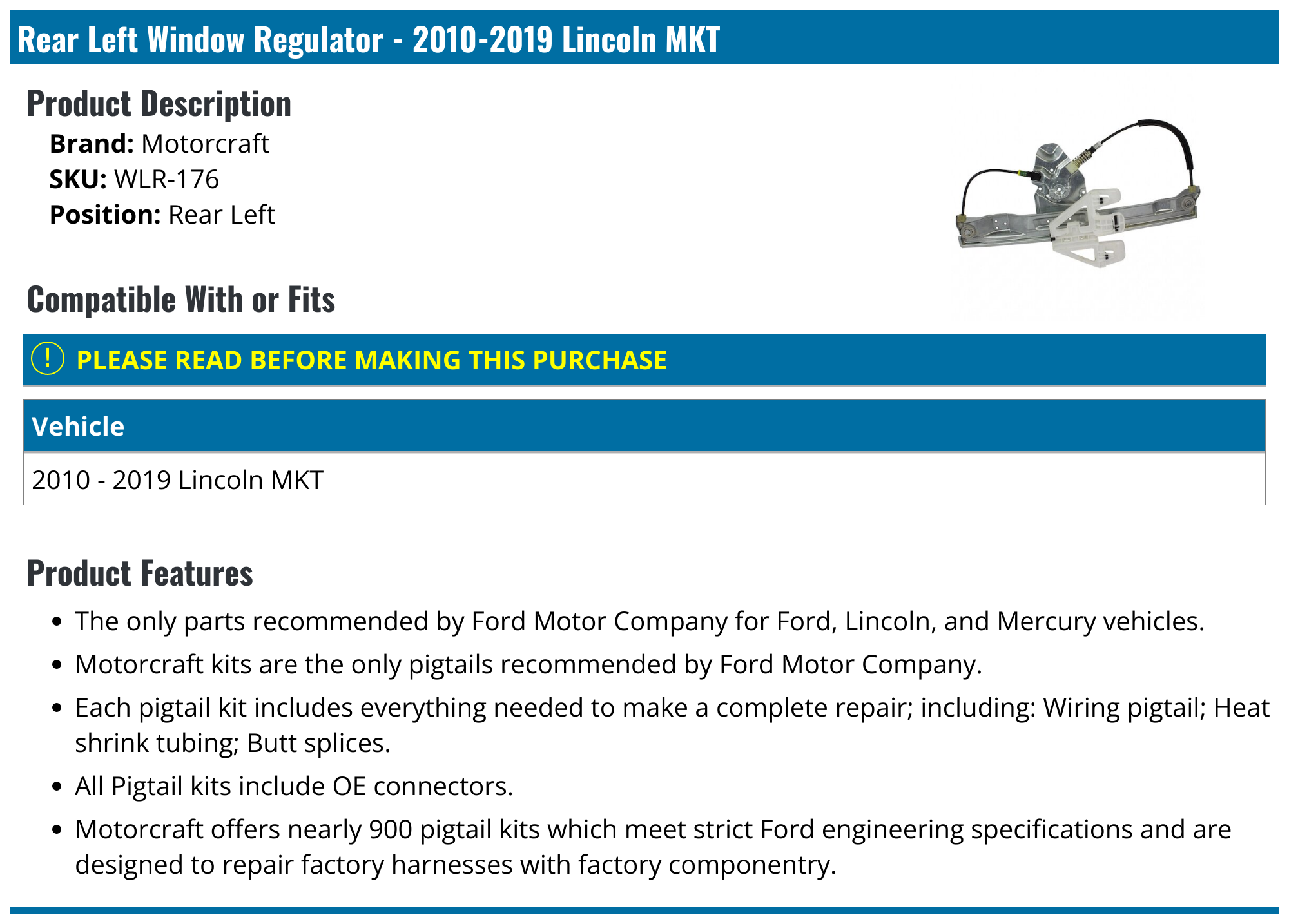 2010-2019 Lincoln MKT Window Regulator - Motorcraft WLR-176 - Rear Left ...