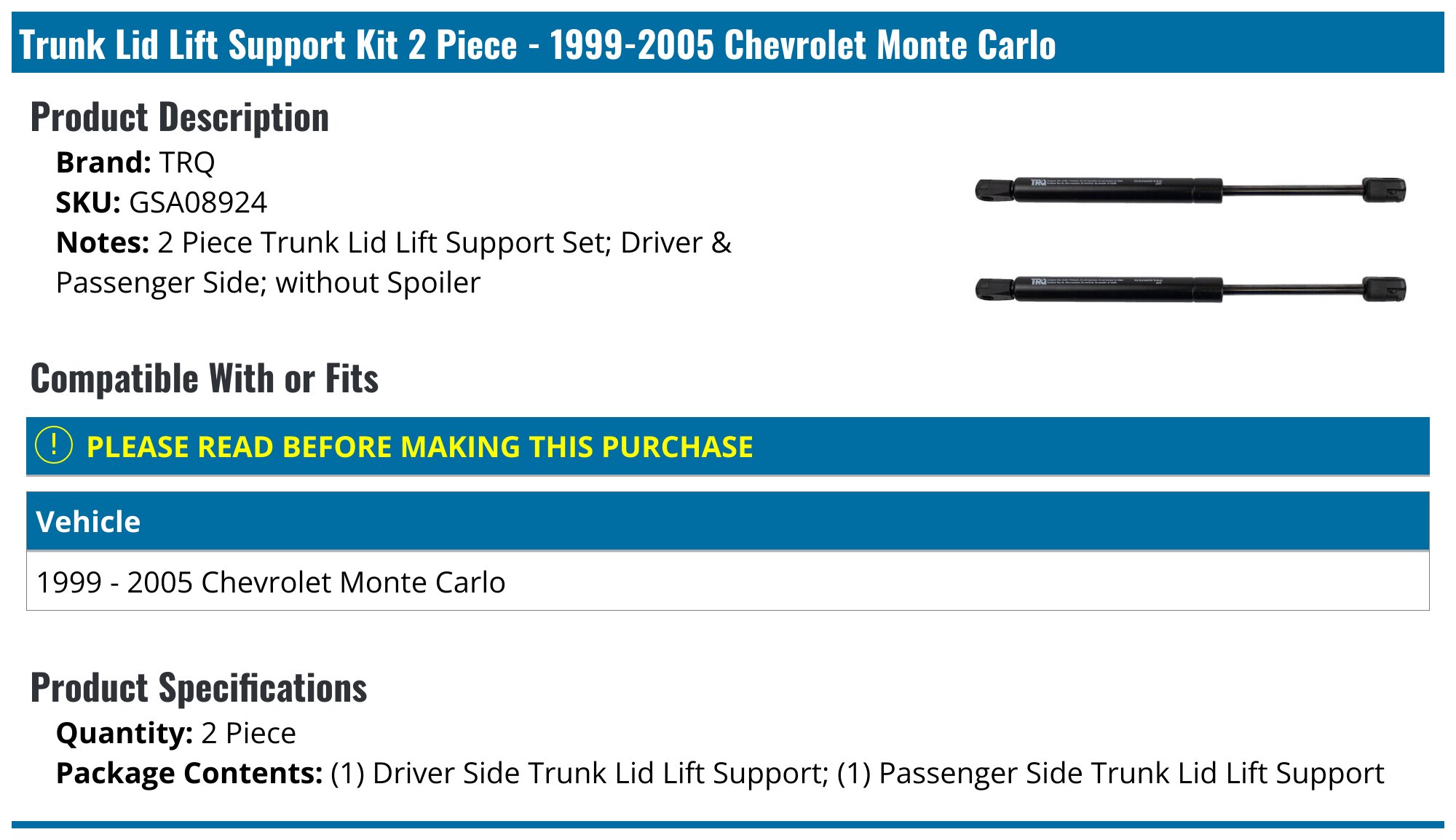 1999-2005 Chevrolet Monte Carlo Trunk Strut - TRQ GSA08924 - PartsGeek.com
