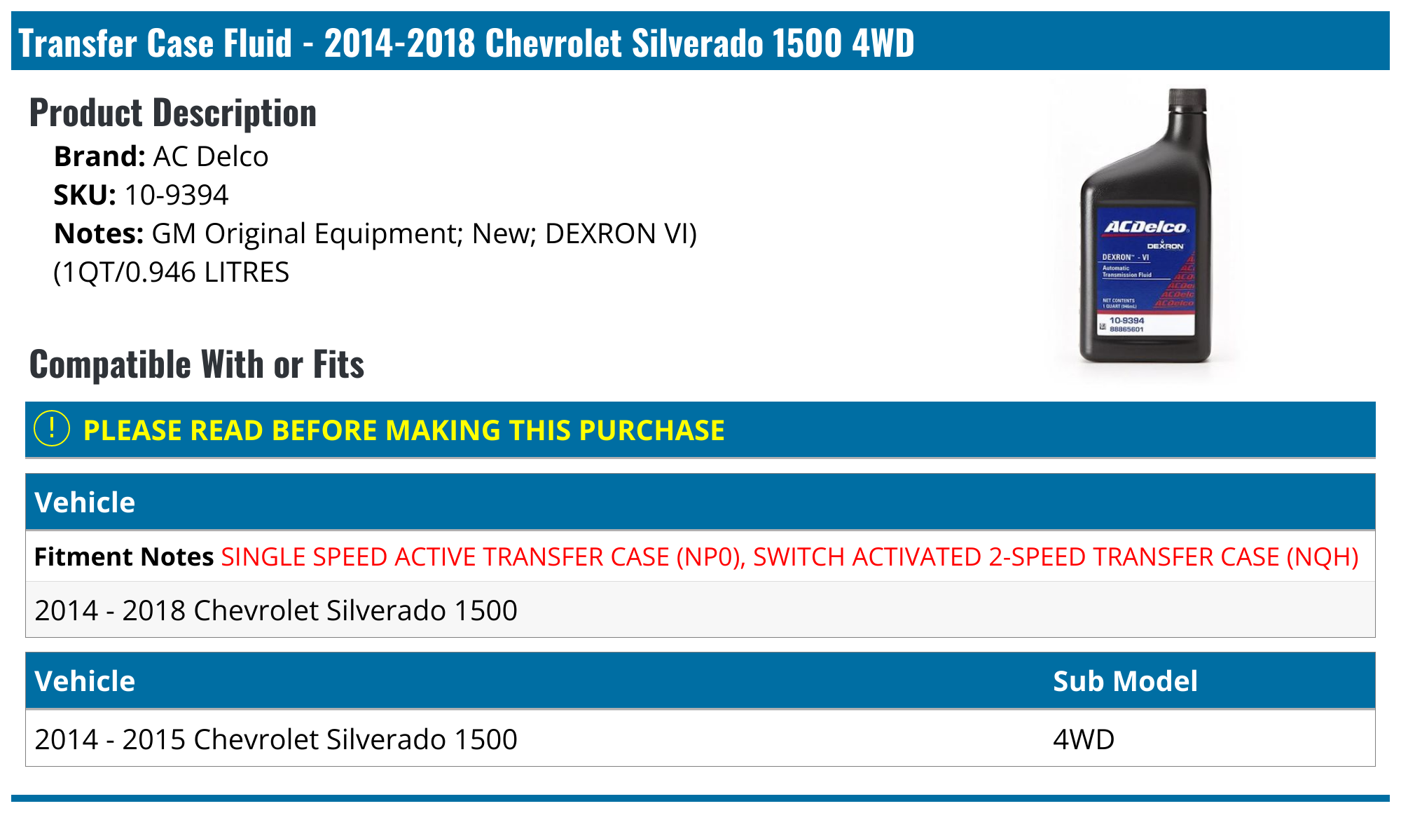 2014-2025 Chevrolet Silverado 1500 Transfer Case Fluid - AC Delco 10 ...