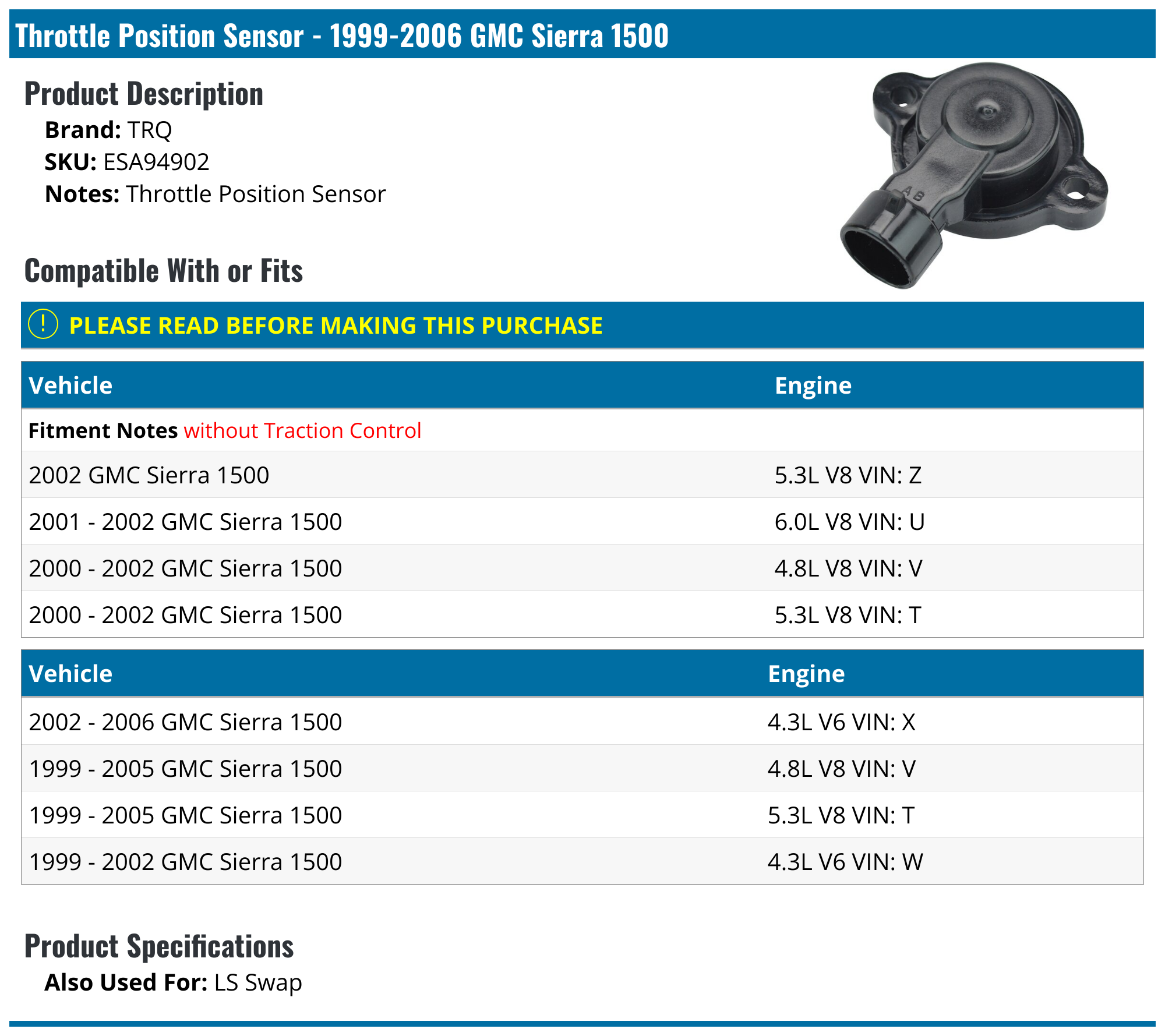 1999-2006 GMC Sierra 1500 Throttle Position Sensor - TRQ ESA94902 ...