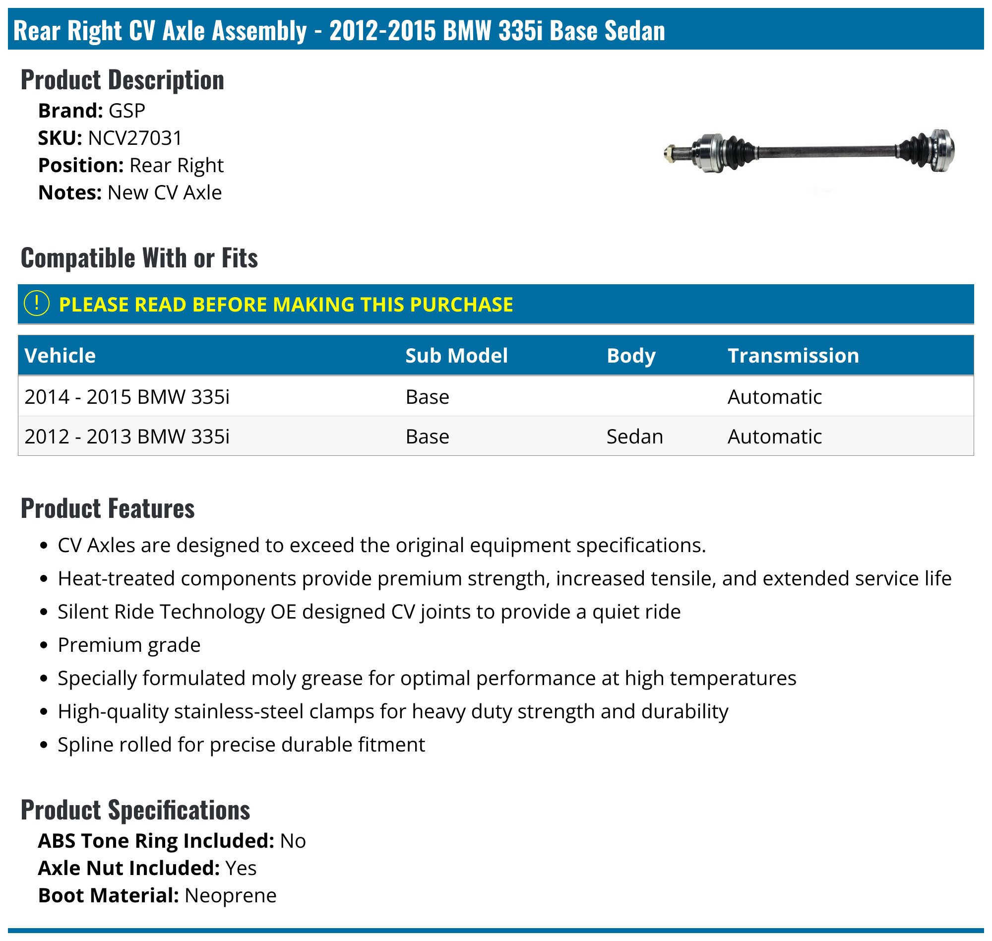 2012-2015 BMW 335i Axle Assembly - GSP NCV27031 - Rear Right ...