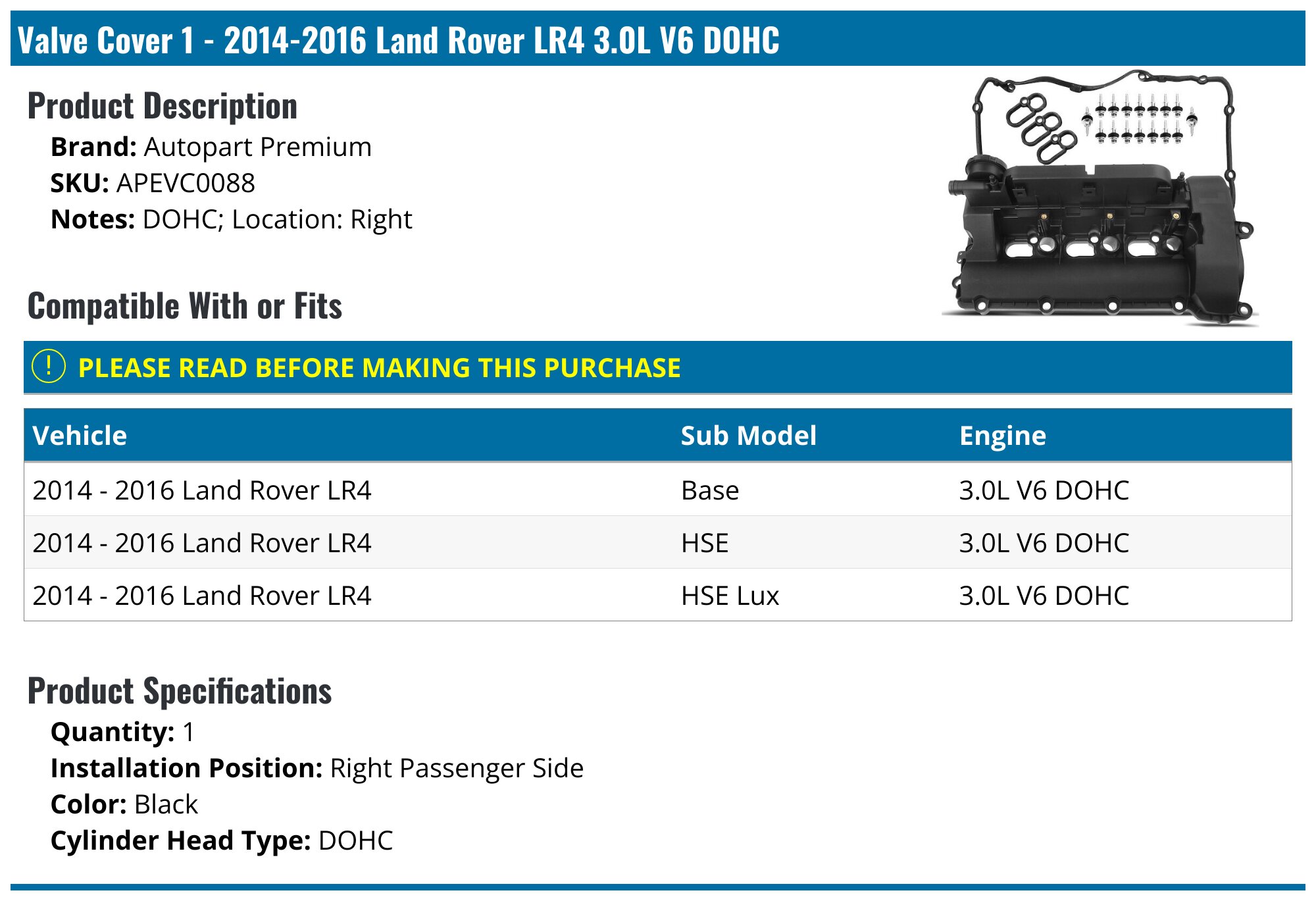 2014-2016 Land Rover LR4 Valve Cover - Autopart Premium APEVC0088 ...