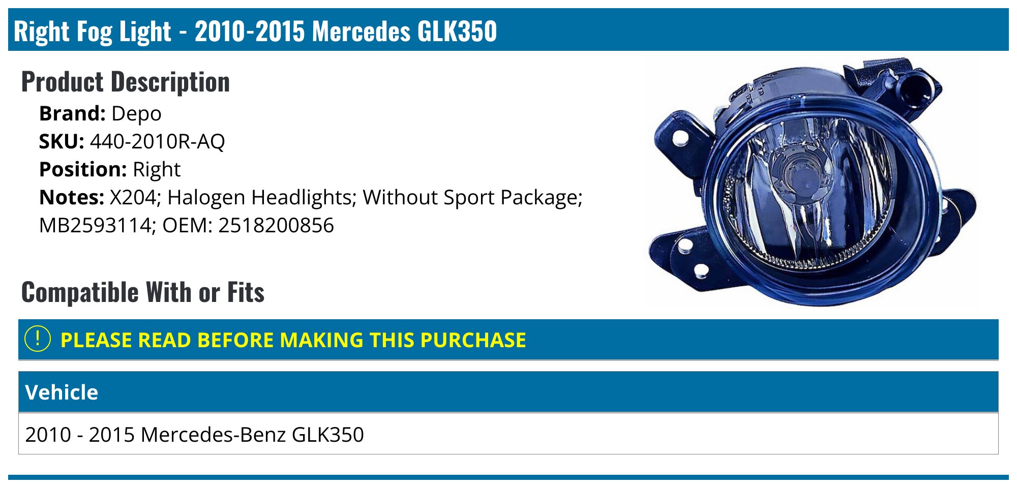 2010-2015 Mercedes GLK350 Fog Light - Depo 440-2010R-AQ - Right ...