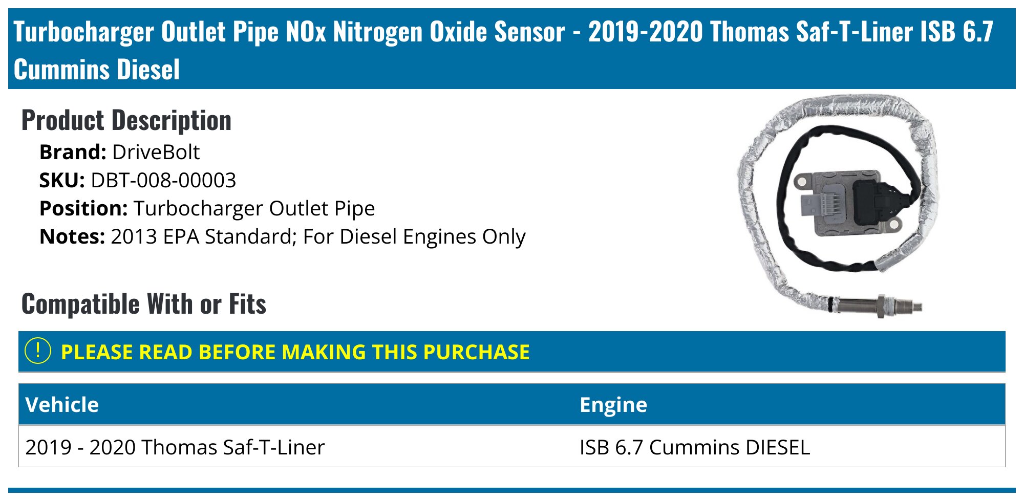 2019-2020 Thomas Saf-T-Liner Nitrogen Oxide Sensor - DriveBolt DBT-008 ...