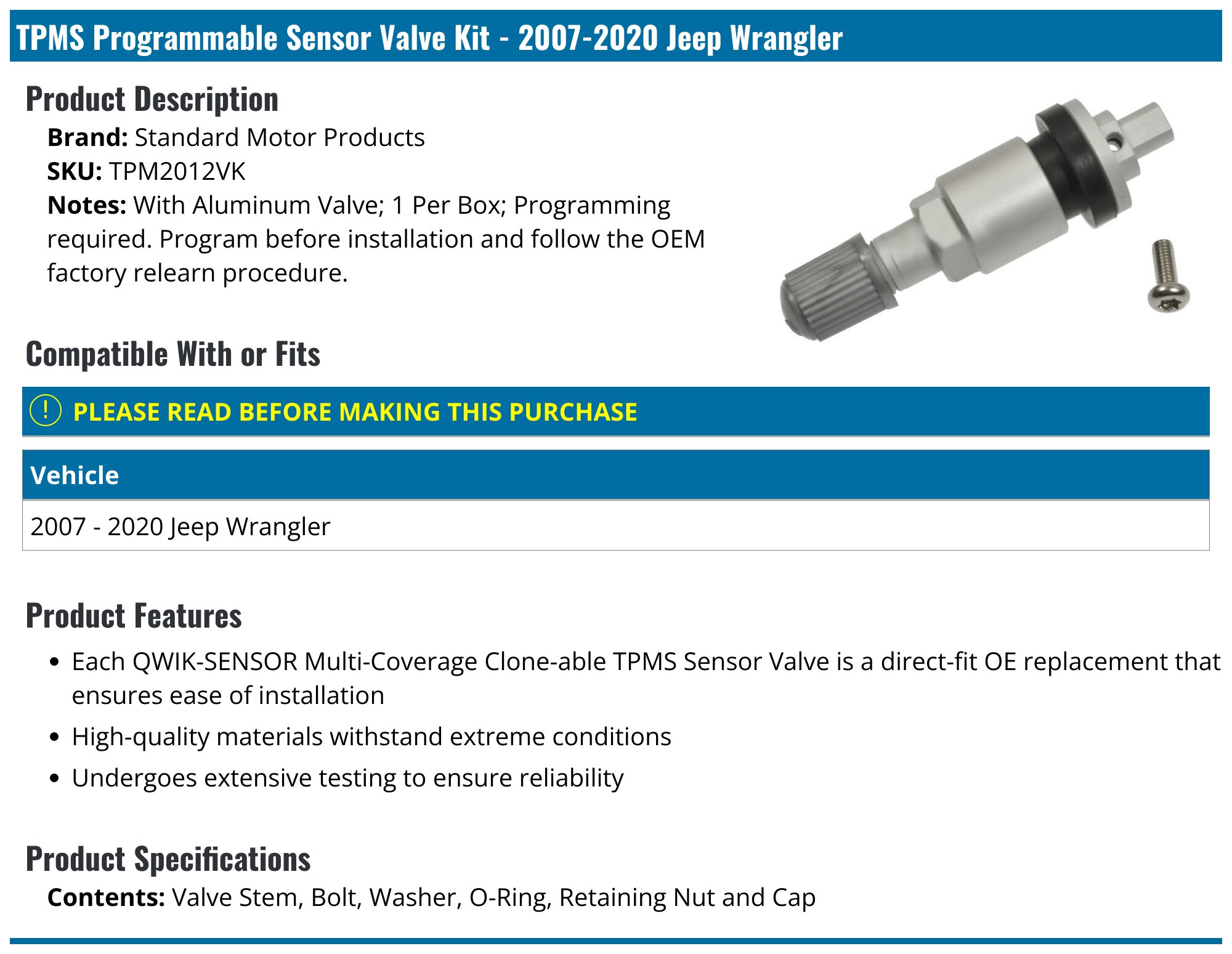 2007-2020 Jeep Wrangler TPMS Programmable Sensor Valve Kit - Standard ...