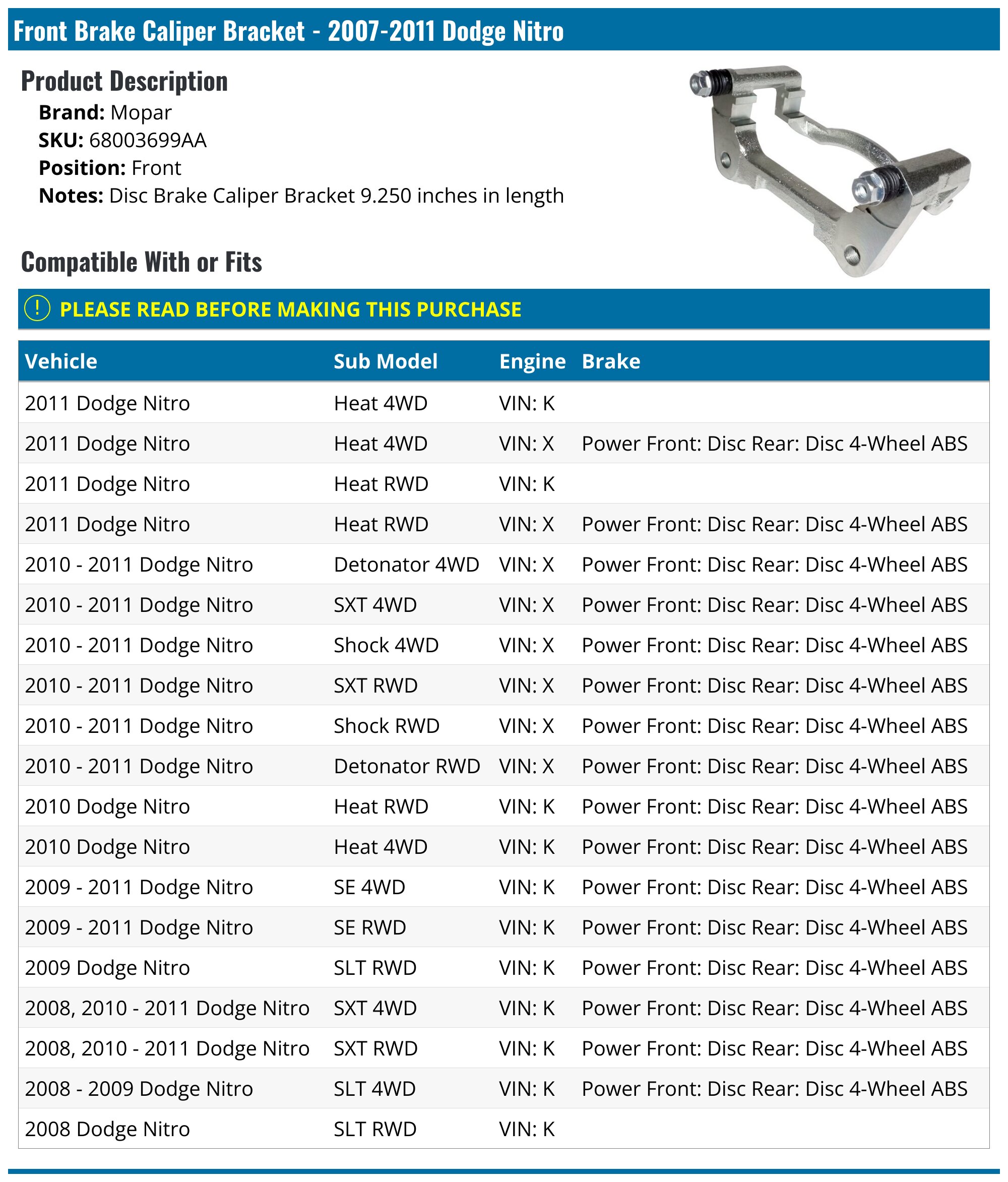 2008-2011 Dodge Nitro Brake Caliper Bracket - Mopar 68003699AA - Front ...