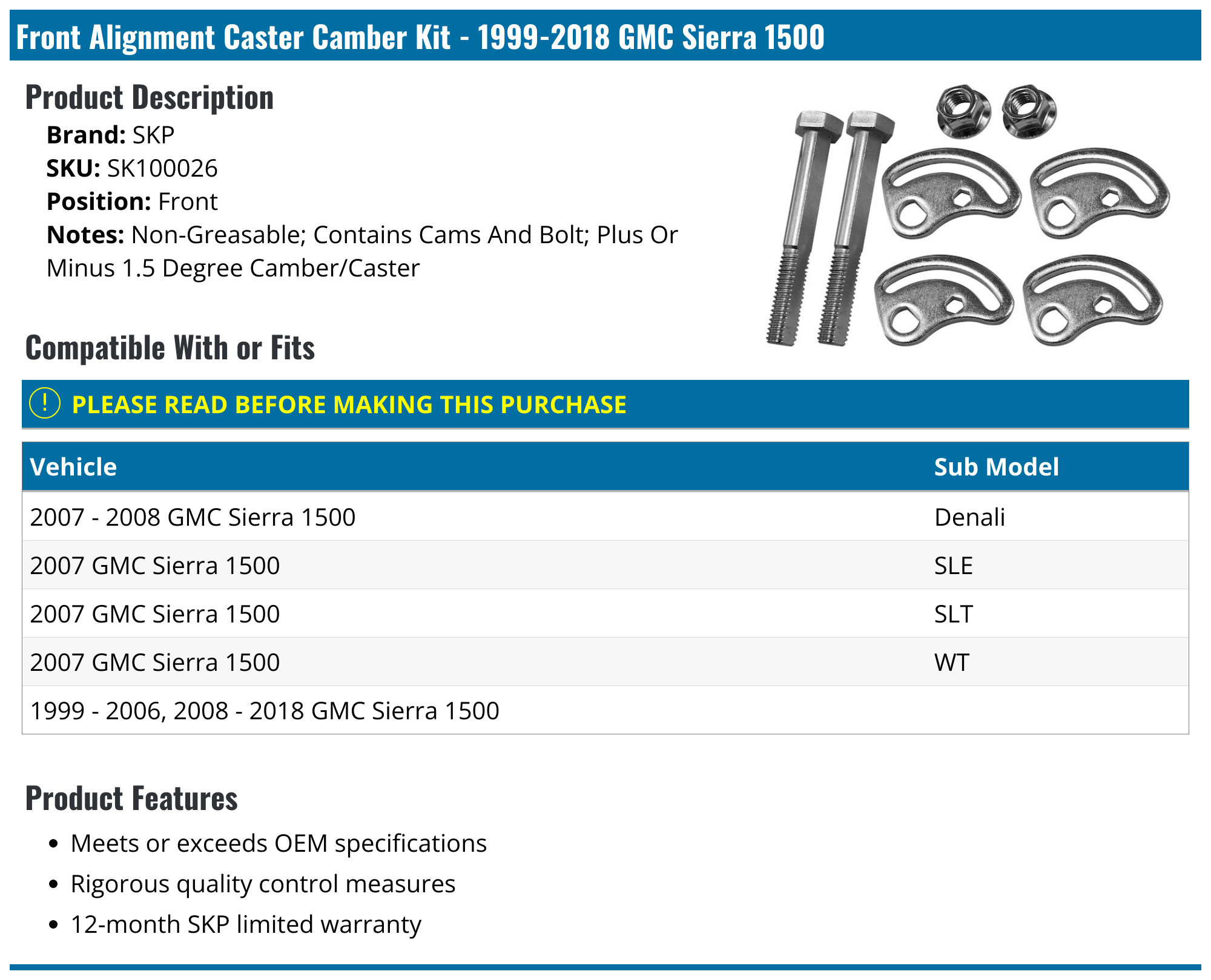 1999-2018 GMC Sierra 1500 Alignment Caster Camber Kit - SKP SK100026 ...