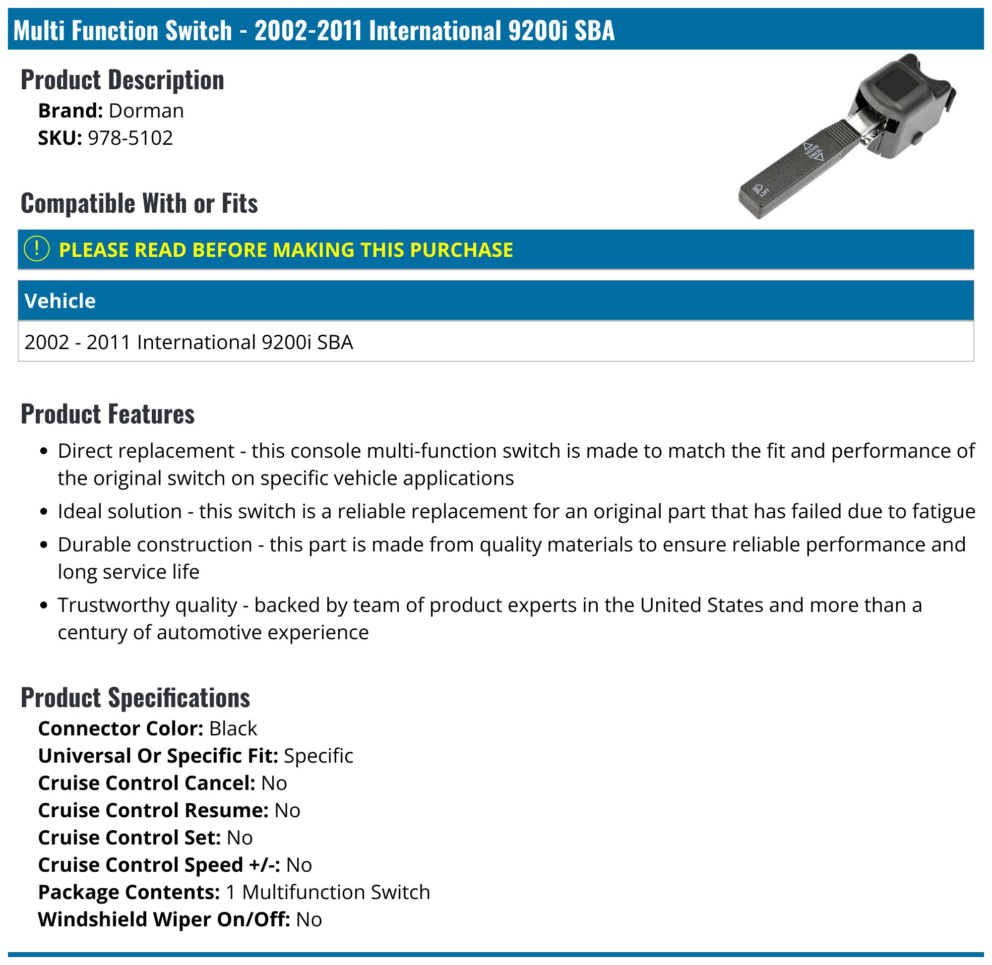 2002-2011 International 9200i SBA Turn Signal Switch - Dorman 978-5102 ...