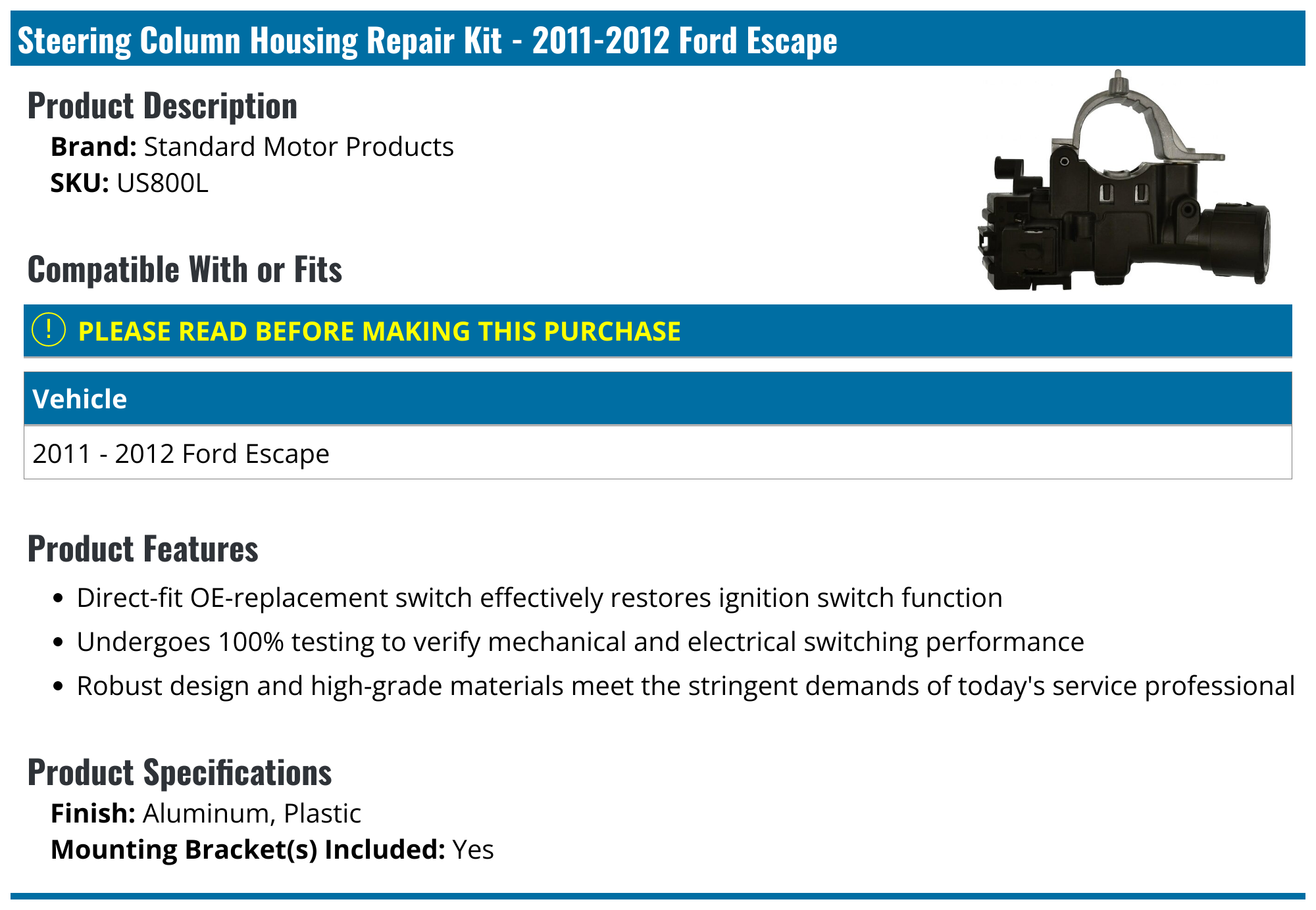2011-2012 Ford Escape Steering Column Housing Repair Kit - Standard ...