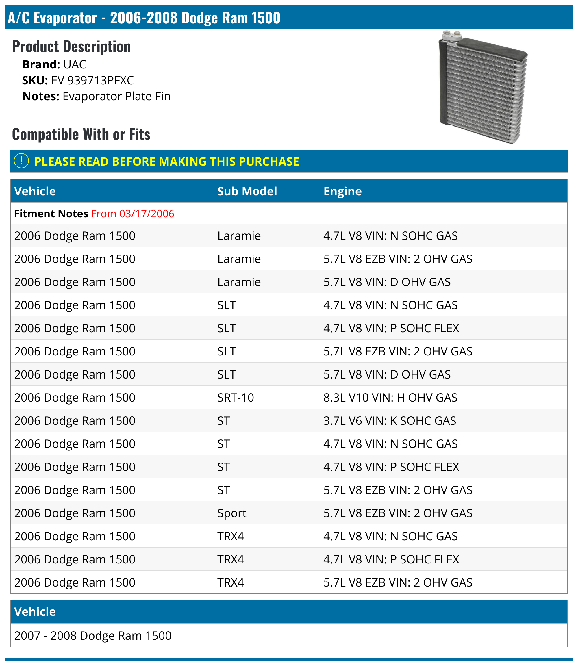 2006-2008 Dodge Ram 1500 A/C Evaporator - UAC EV 939713PFXC - PartsGeek.com