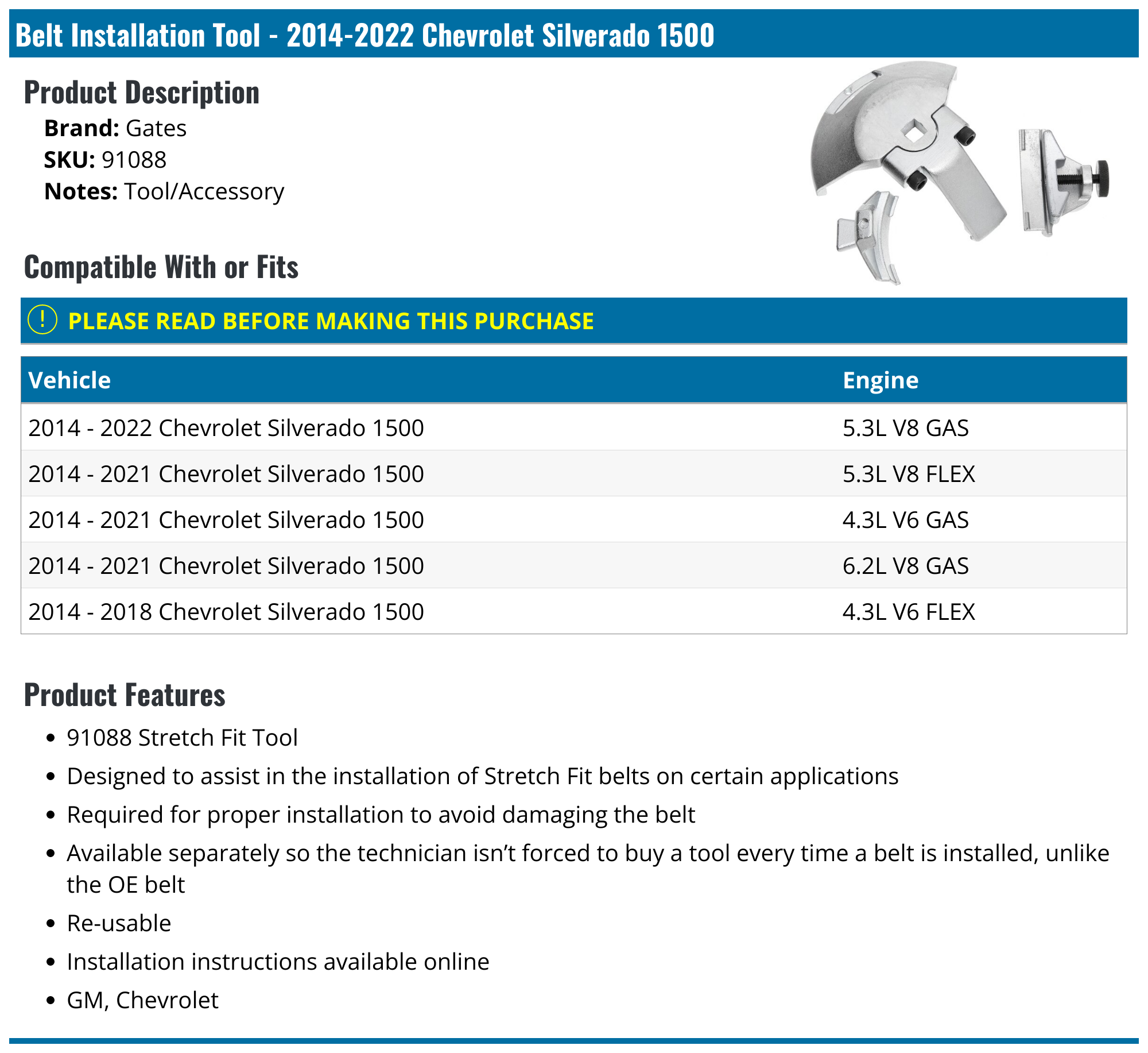 2014-2022 Chevrolet Silverado 1500 Belt Installation Tool - Gates 91088 ...