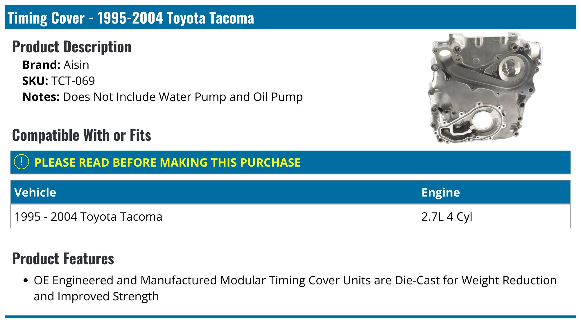 1995-2004 Toyota Tacoma Timing Cover - Aisin TCT-069 - PartsGeek.com