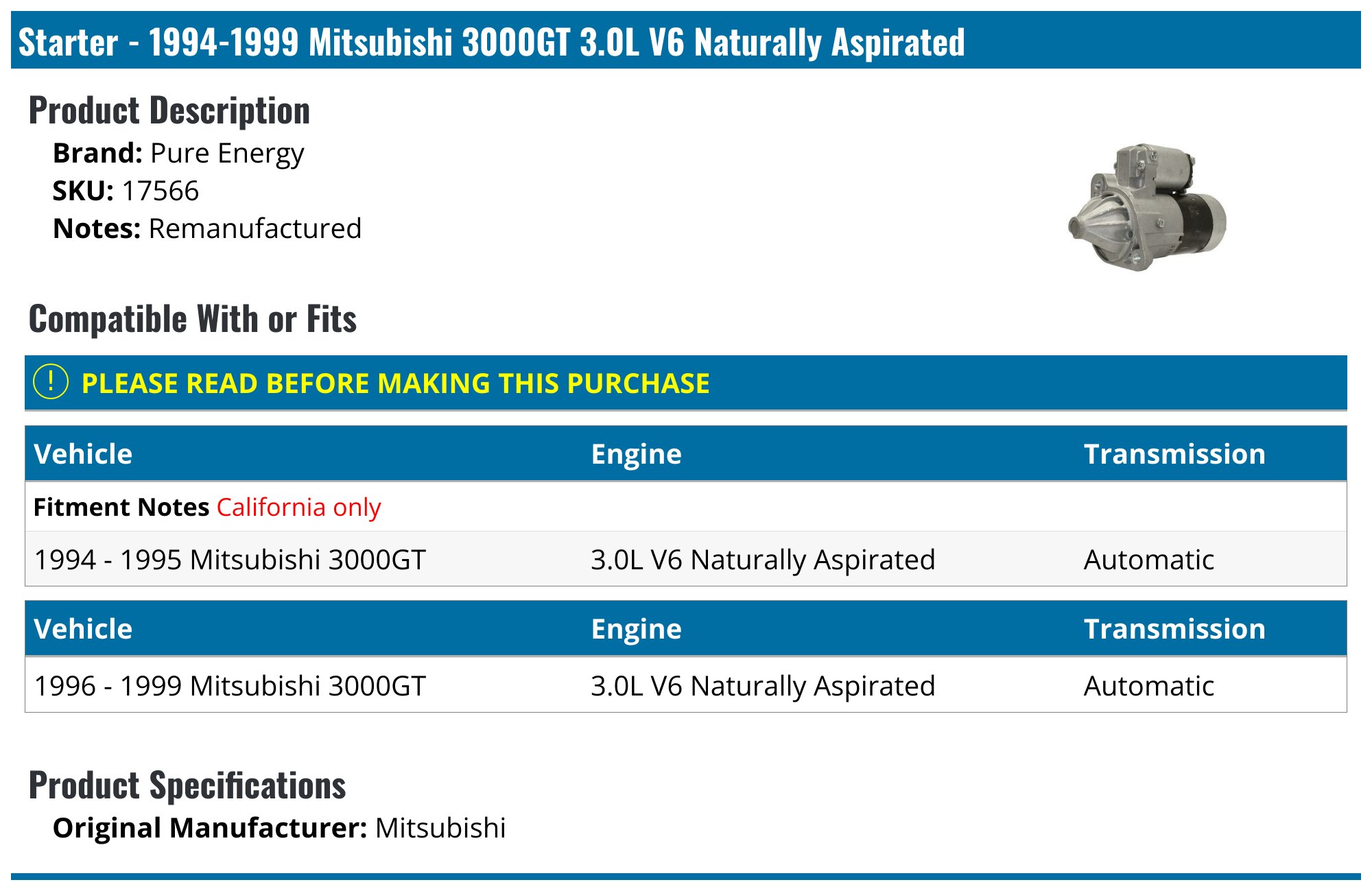 1994-1999 Mitsubishi 3000GT Starter - Pure Energy 17566 - PartsGeek.com