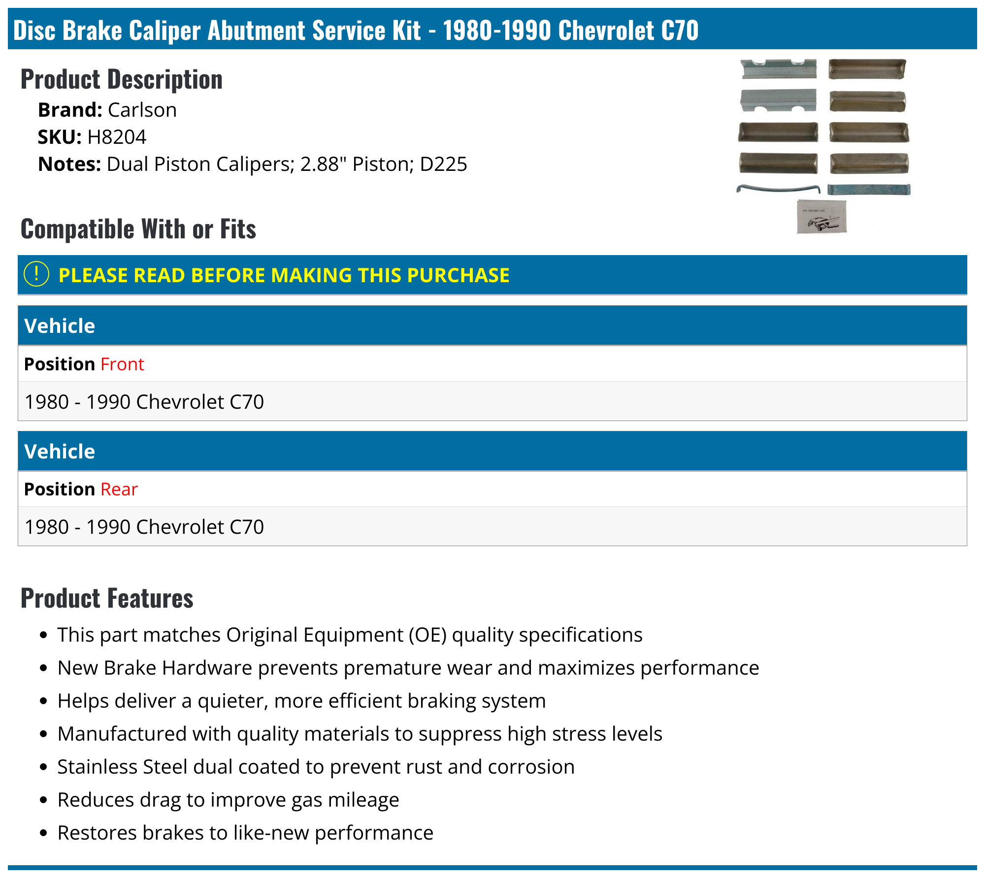 1980-1990 Chevrolet C70 Disc Brake Caliper Abutment Service Kit ...