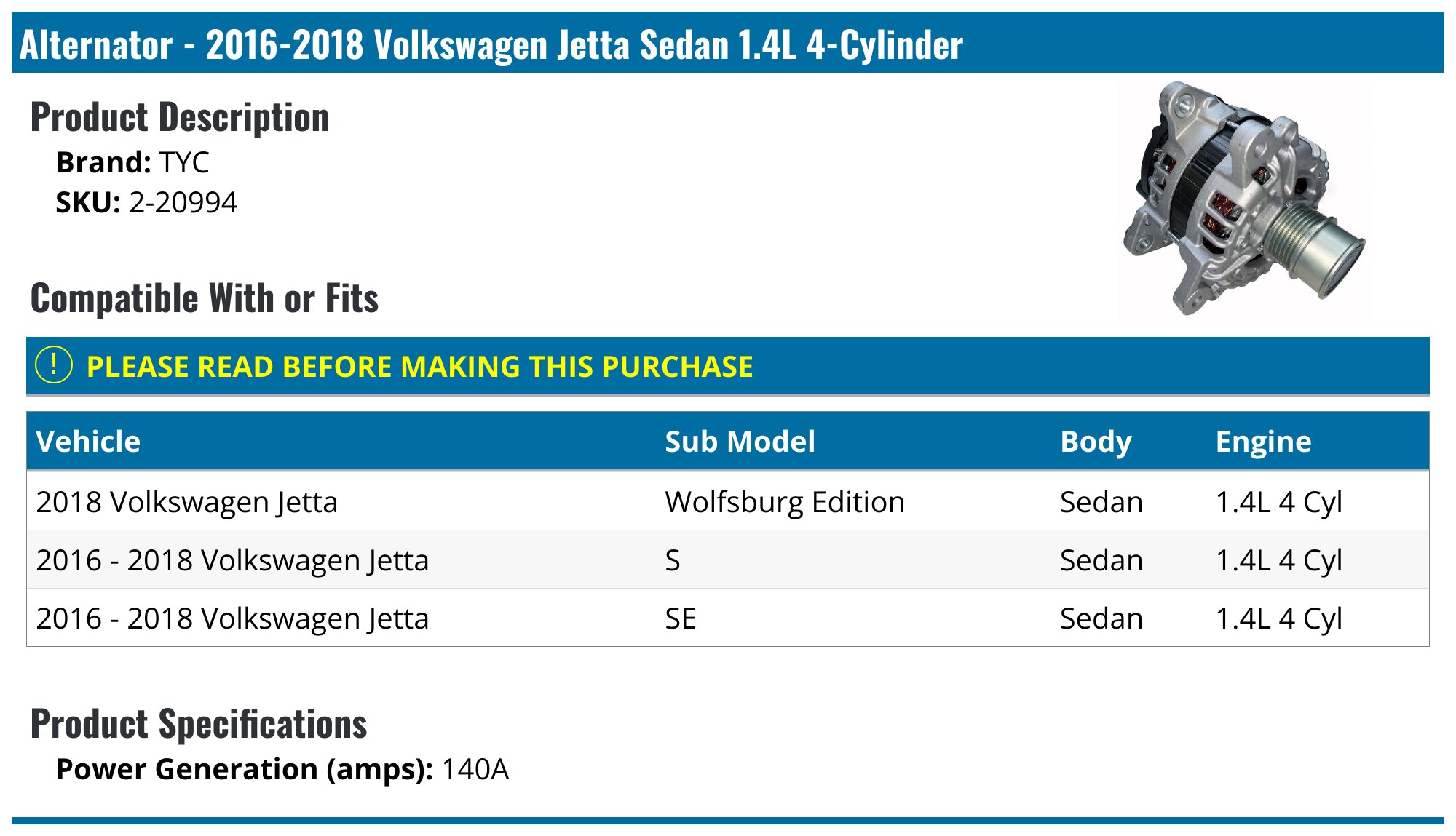 2016-2018 Volkswagen Jetta Alternator - TYC 2-20994 - PartsGeek.com