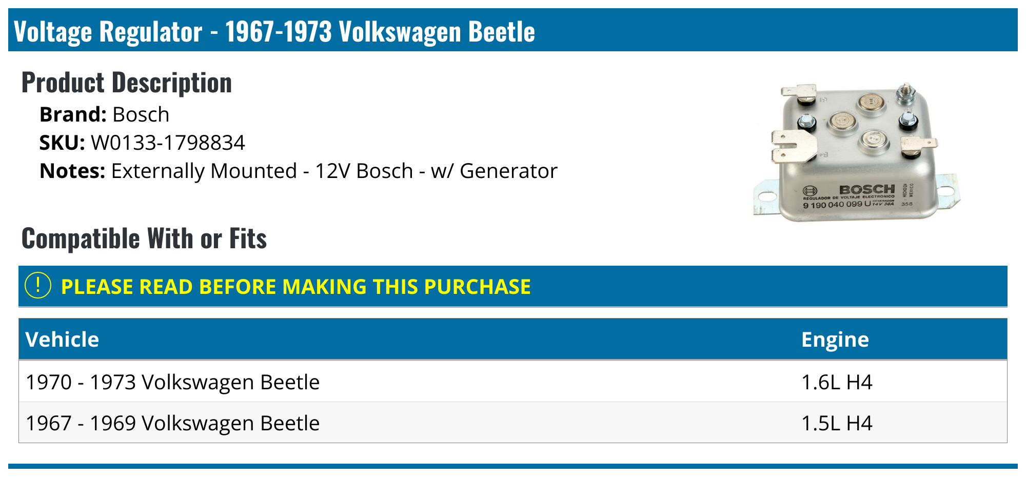 1967-1973 Volkswagen Beetle Voltage Regulator - Bosch W0133-1798834 ...