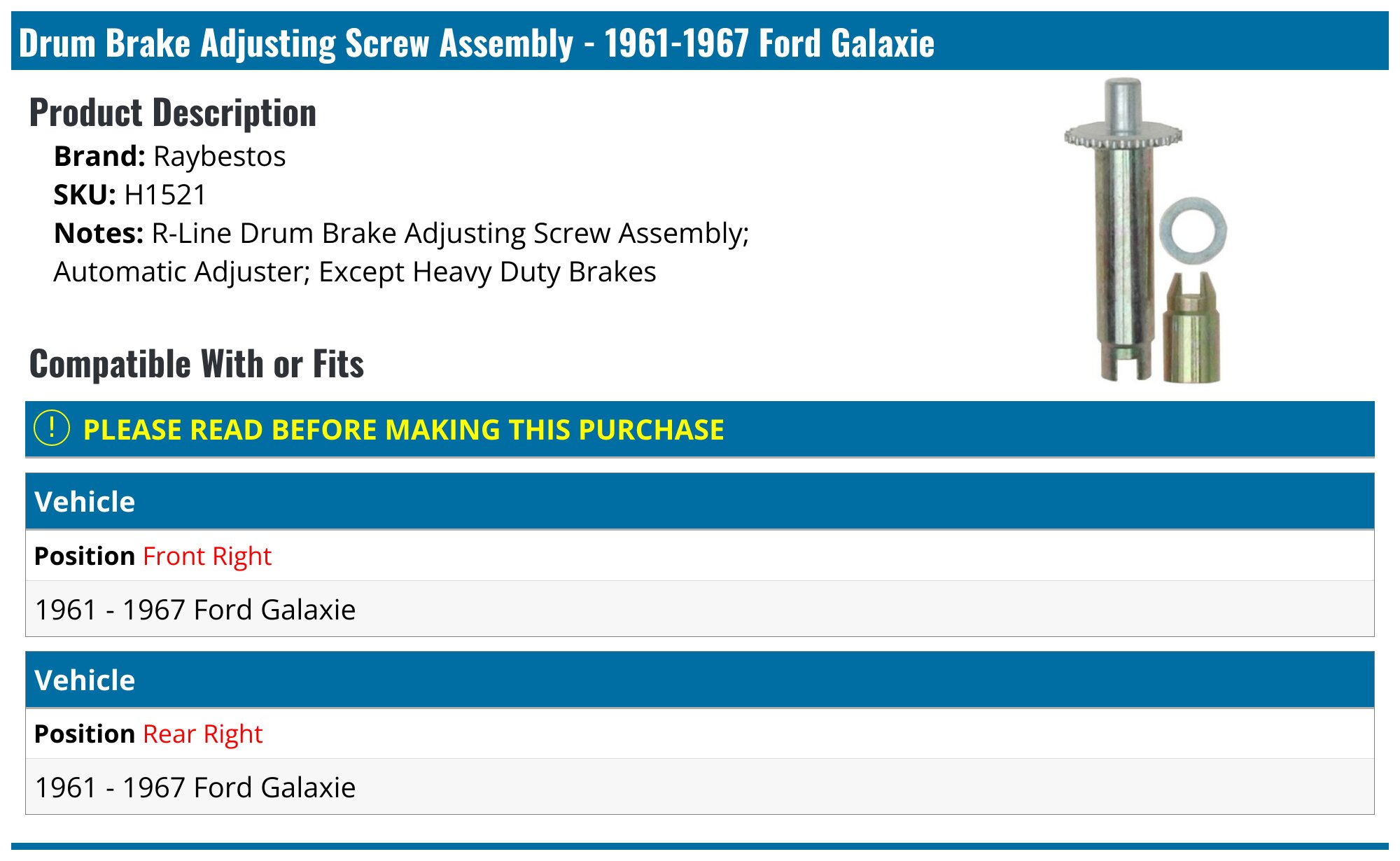 1961-1967 Ford Galaxie Drum Brake Adjusting Screw Assembly - Raybestos ...