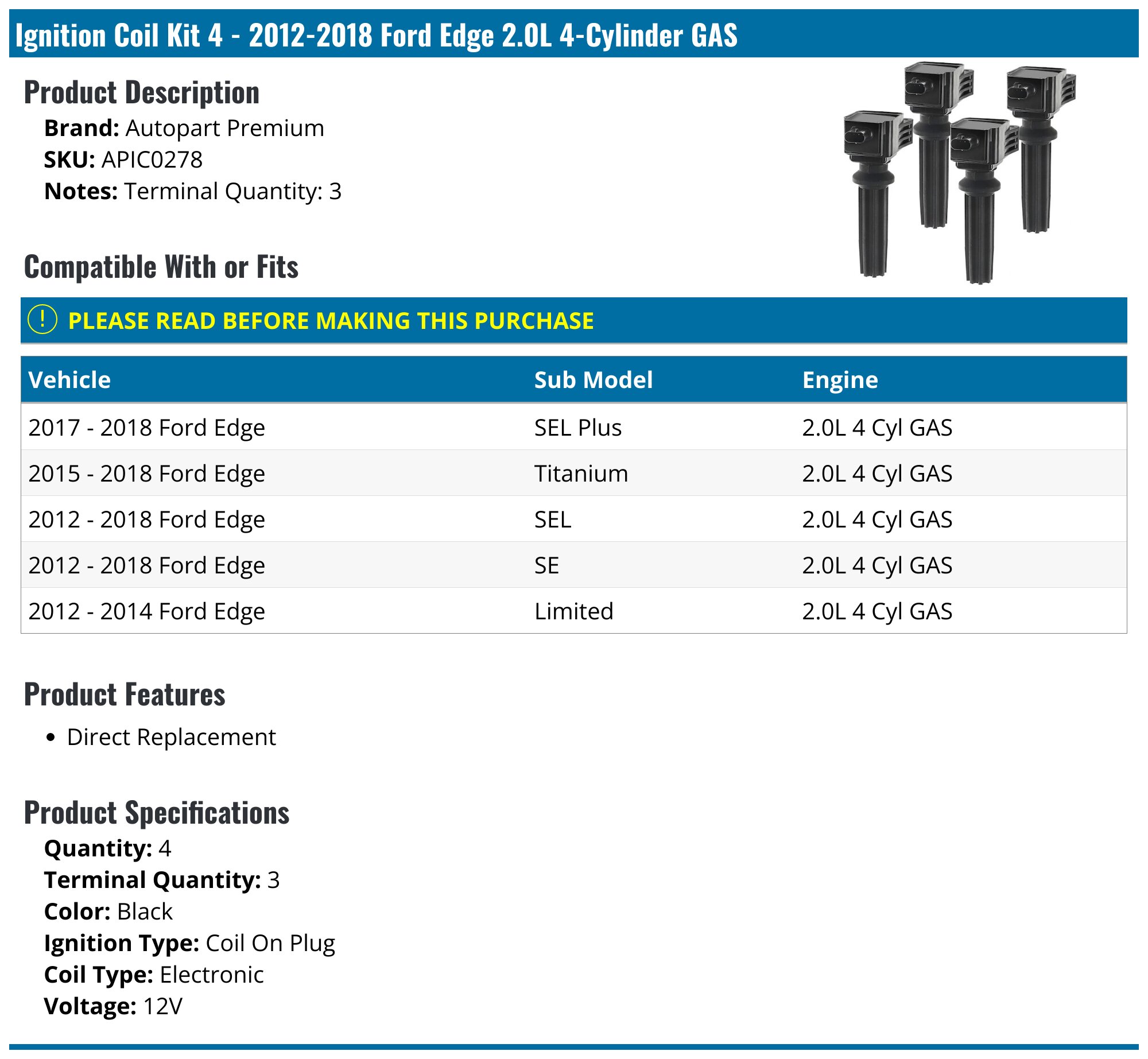 2012-2018 Ford Edge Ignition Coil - Autopart Premium APIC0278 ...