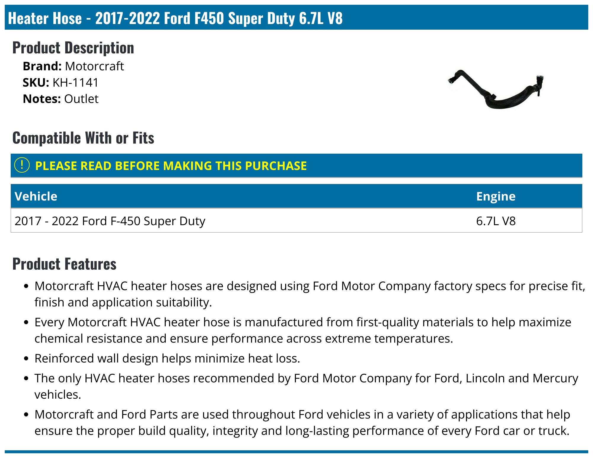 2017-2022 Ford F450 Super Duty Heater Hose - Motorcraft KH-1141 ...