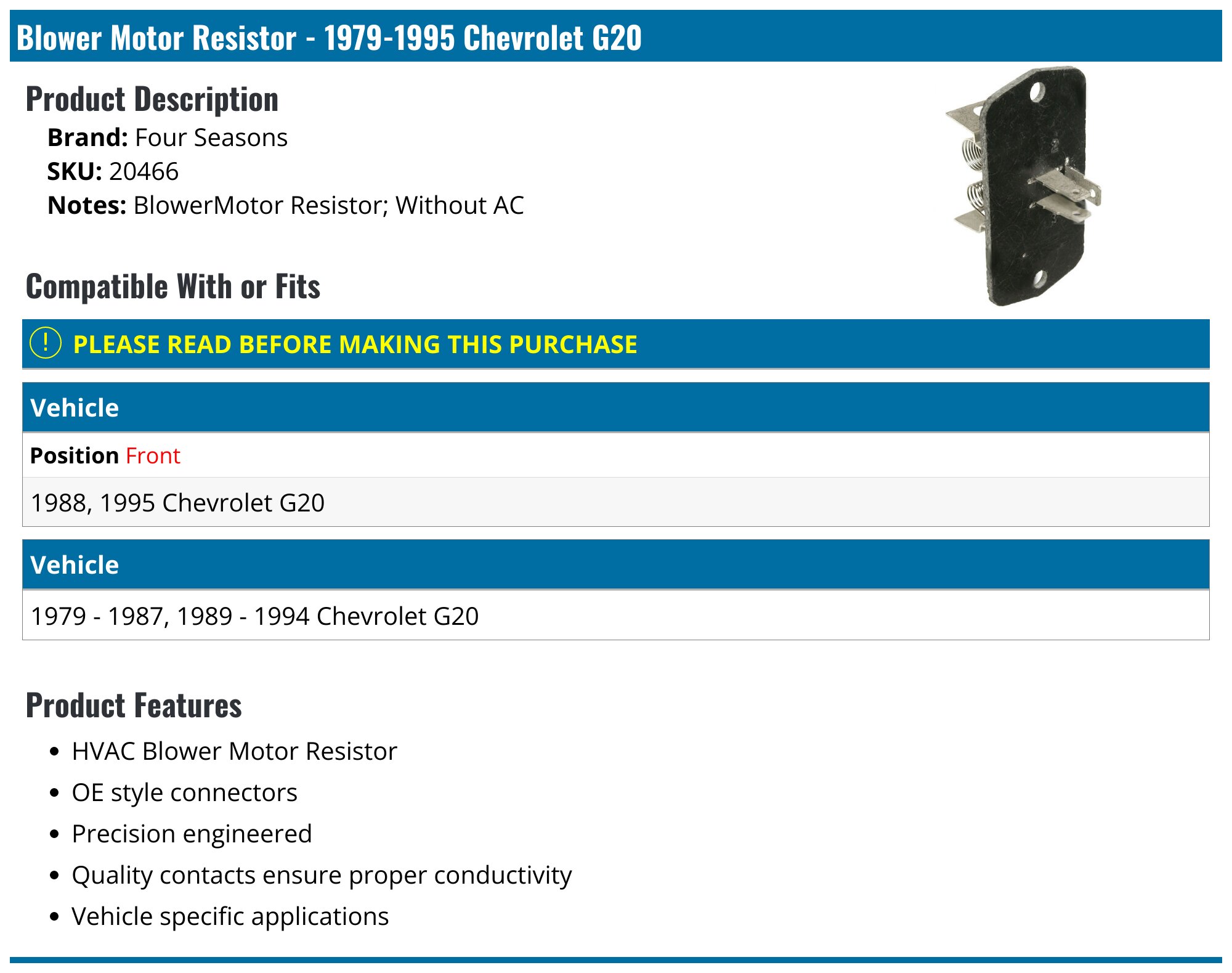 1979-1995 Chevrolet G20 Blower Motor Resistor - Four Seasons 20466 ...