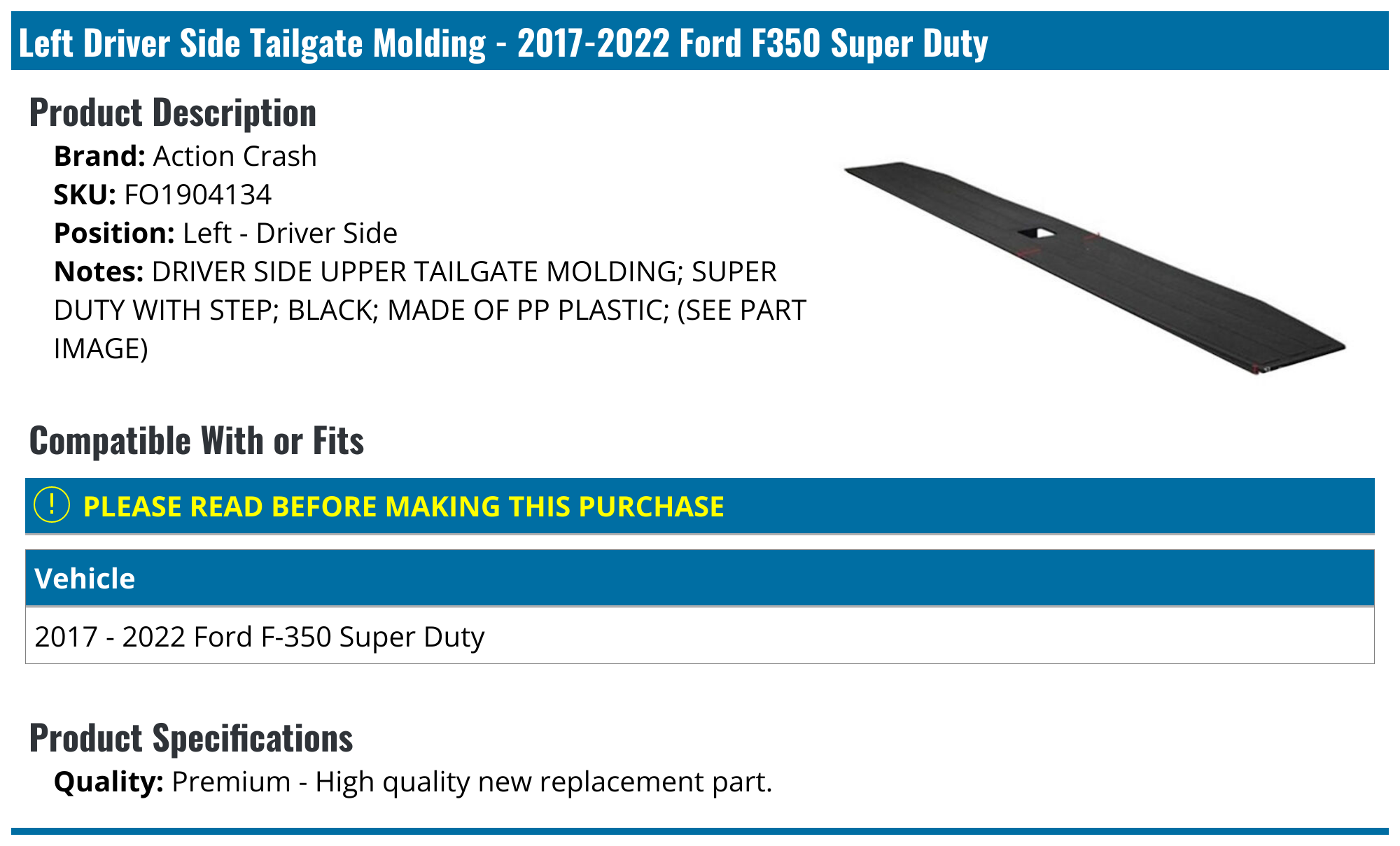 2017-2022 Ford F350 Super Duty Tailgate Molding - Action Crash ...