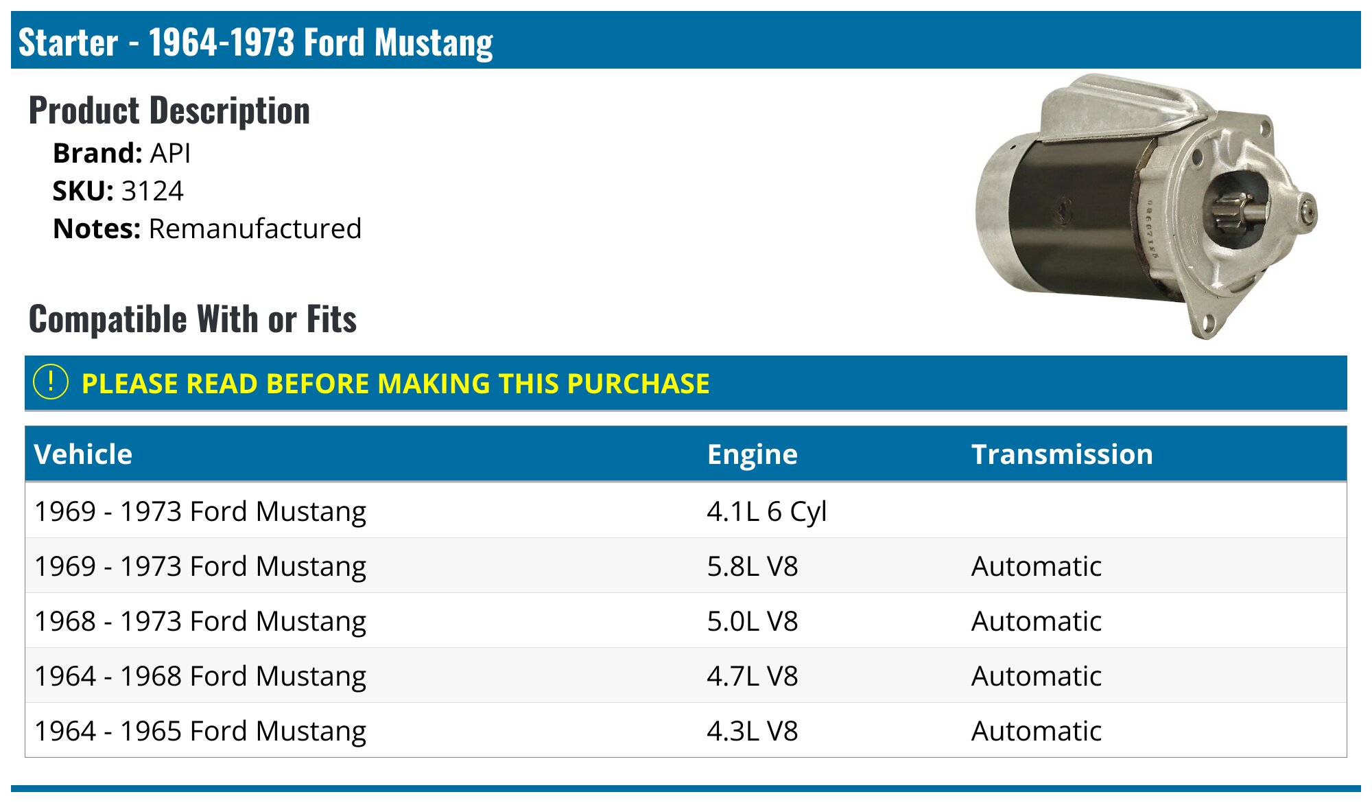 1964-1973 Ford Mustang Starter - API 15189-02561936 - PartsGeek.com