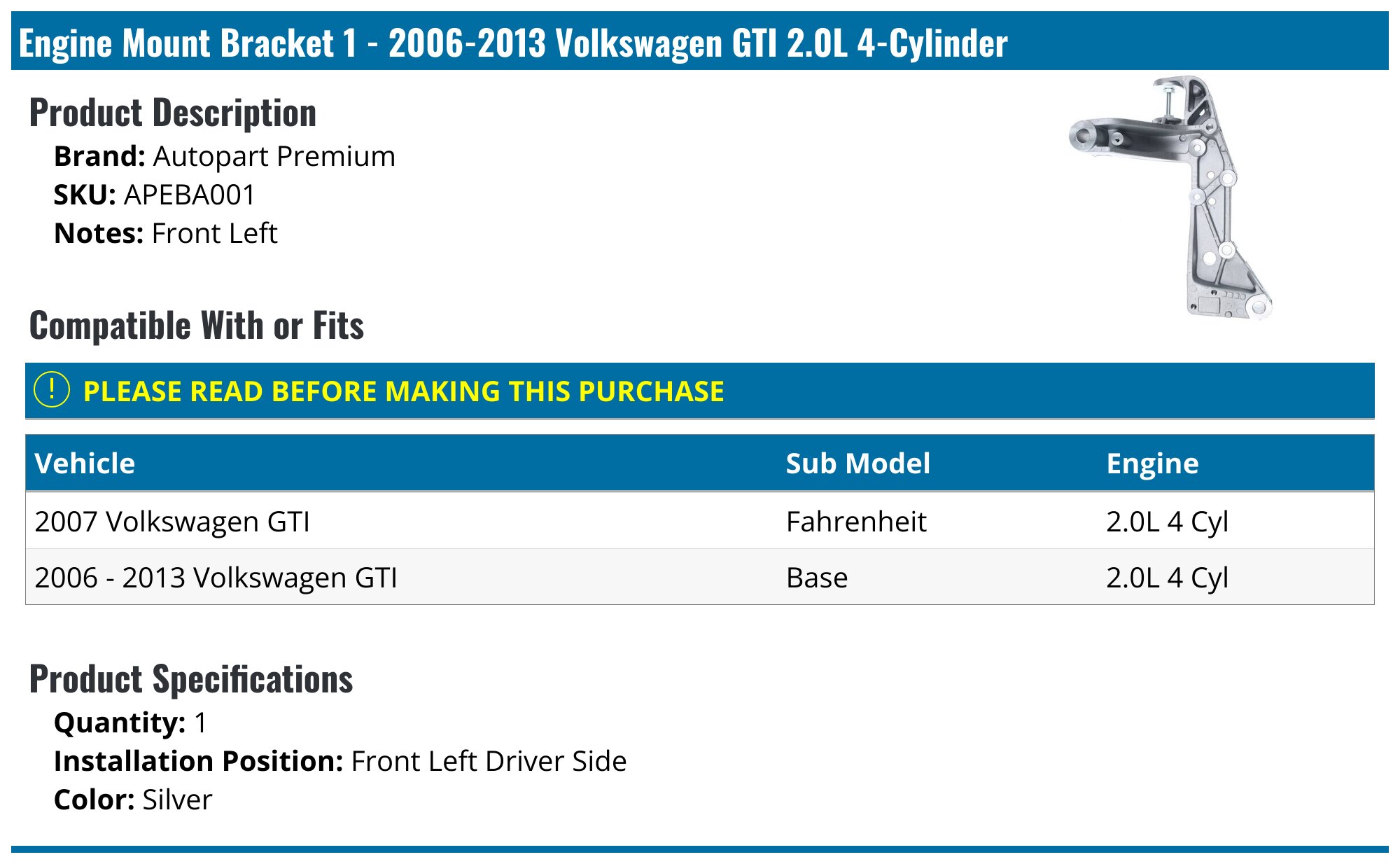2006-2013 Volkswagen GTI Engine Mount Bracket - Autopart Premium ...
