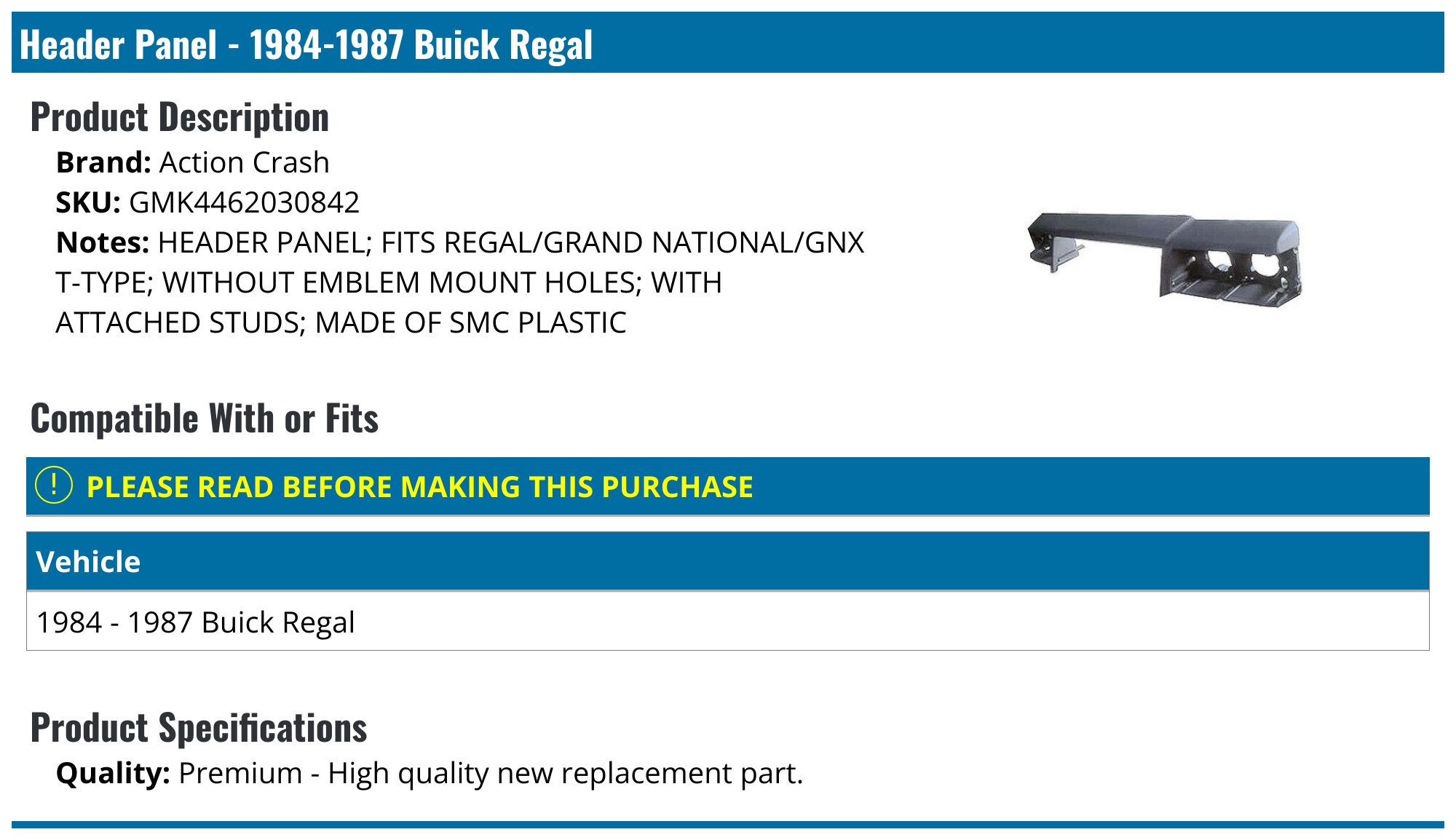 1984-1987 Buick Regal Header Panel - Action Crash GMK4462030842 ...