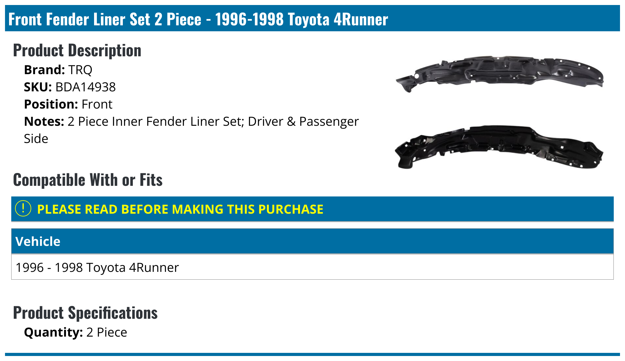 1996-1998 Toyota 4Runner Fender Liner - TRQ BDA14938 - Front ...