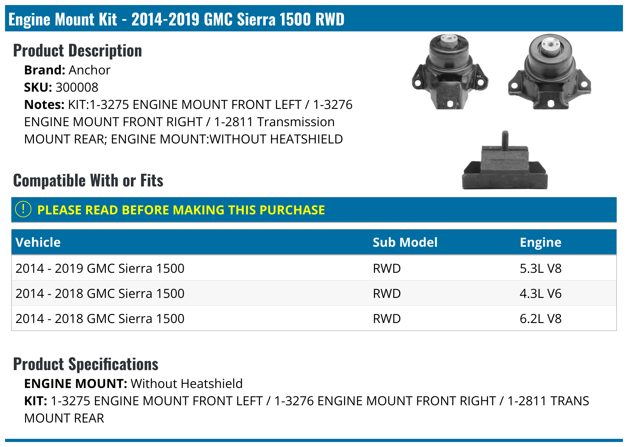 2014-2018 GMC Sierra 1500 Engine Mount - Anchor 300008 - PartsGeek.com