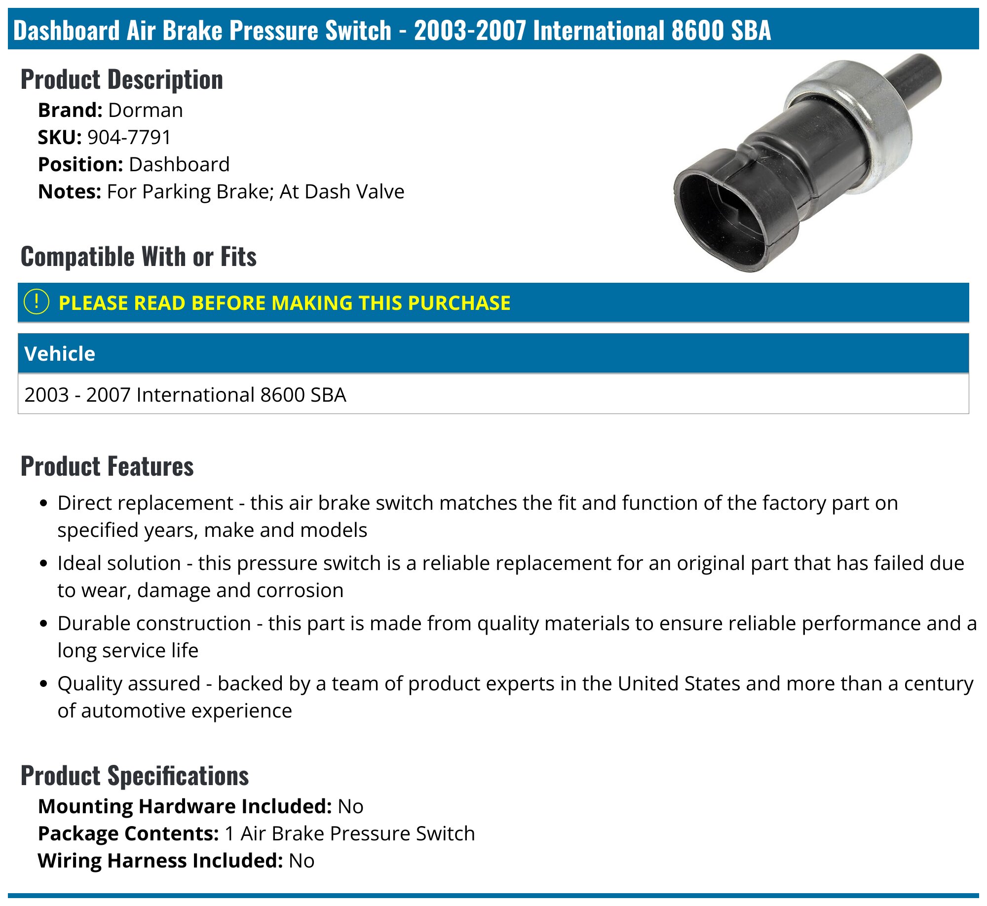 2003-2007 International 8600 SBA Air Brake Pressure Switch - Dorman 904 ...