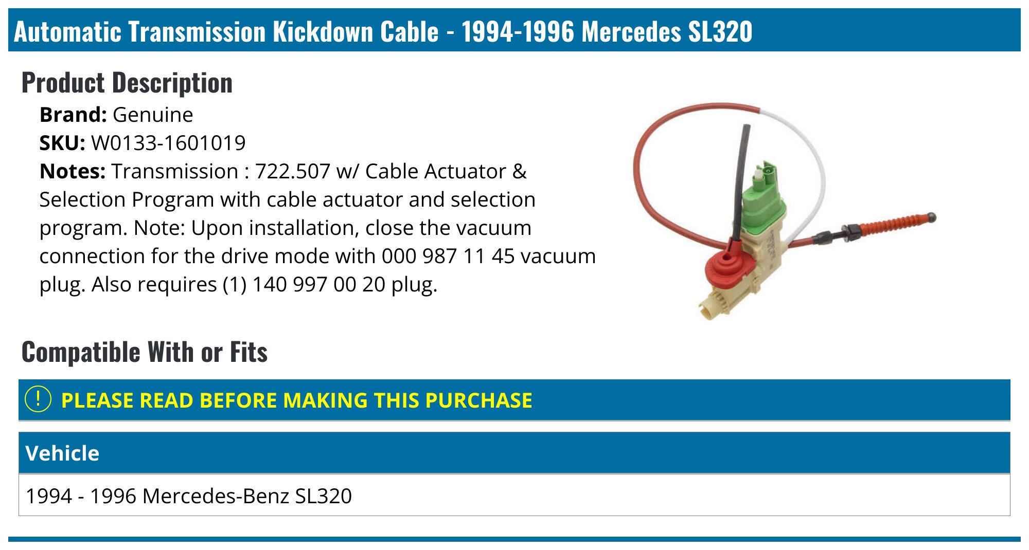 1994-1996 Mercedes SL320 Automatic Transmission Kickdown Cable ...