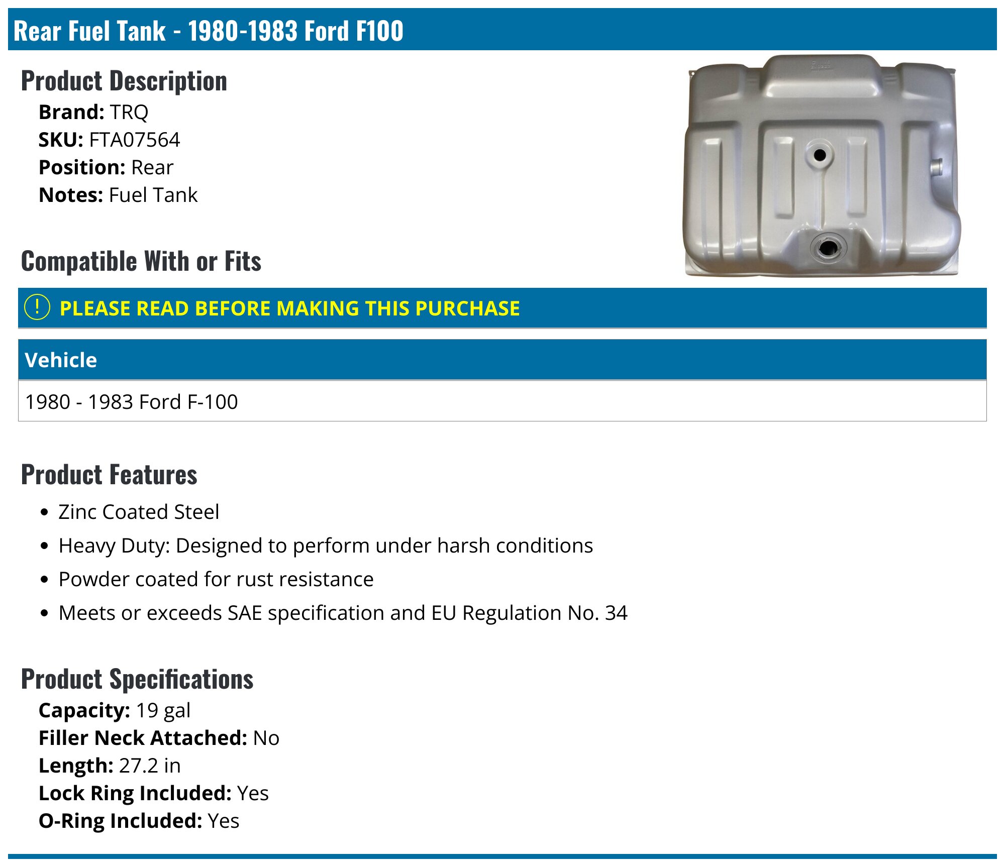 1980-1983 Ford F100 Fuel Tank - TRQ FTA07564 - Rear - PartsGeek.com