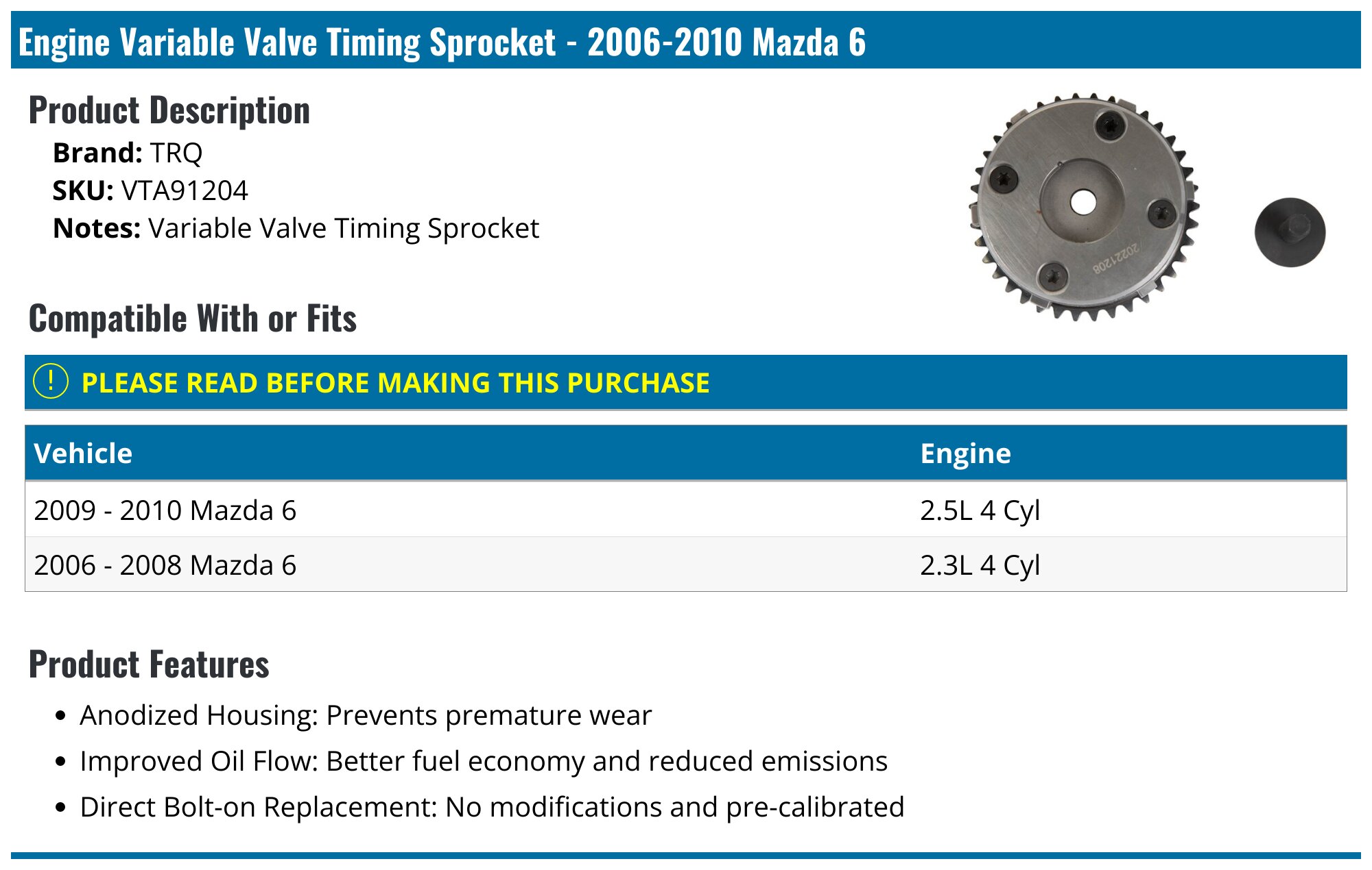 2006-2010 Mazda 6 Engine Variable Valve Timing Sprocket - TRQ VTA91204 ...