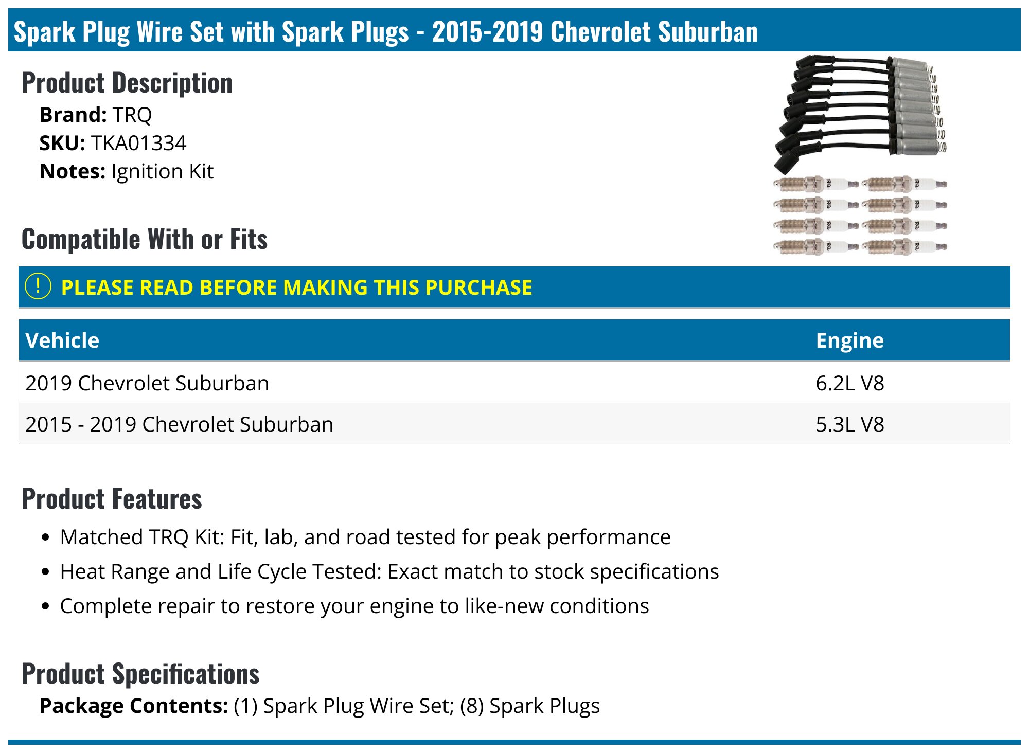 2015-2021 Chevrolet Suburban Spark Plug Wire Set - TRQ TKA01334 ...