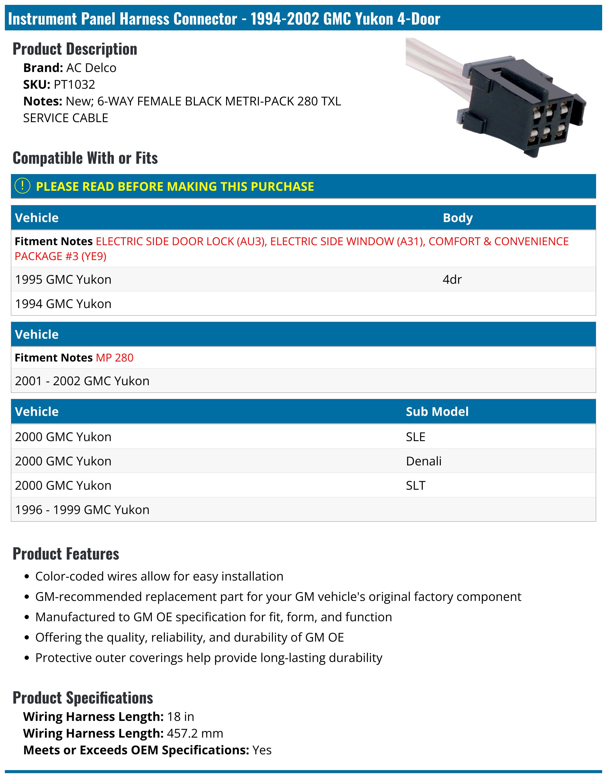 1994-2002 GMC Yukon Instrument Panel Harness Connector - AC Delco ...