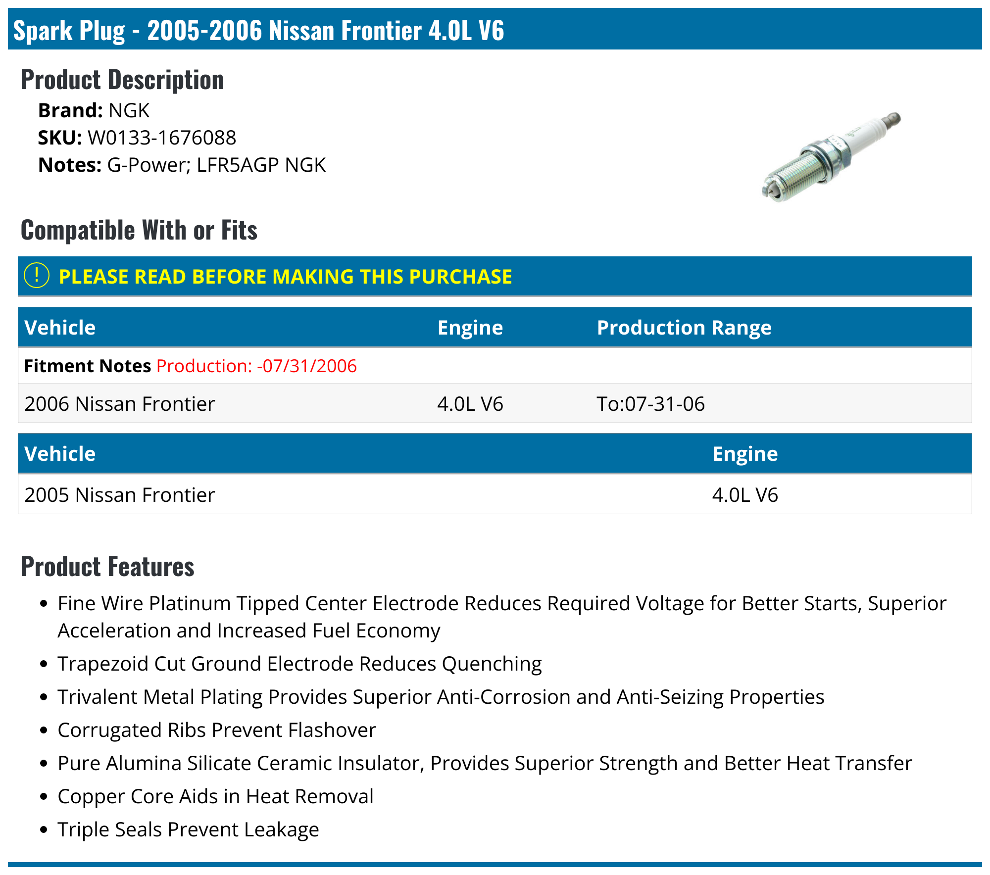 2005-2006 Nissan Frontier Spark Plug - NGK W0133-1676088 - PartsGeek.com