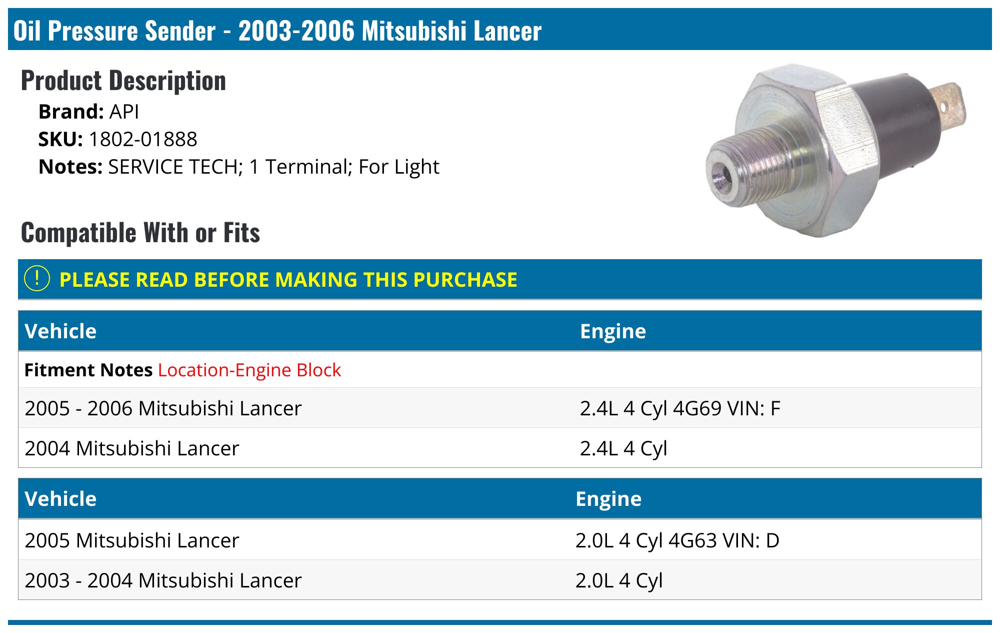 2003-2006 Mitsubishi Lancer Oil Pressure Sender - API 7182-07680097 ...