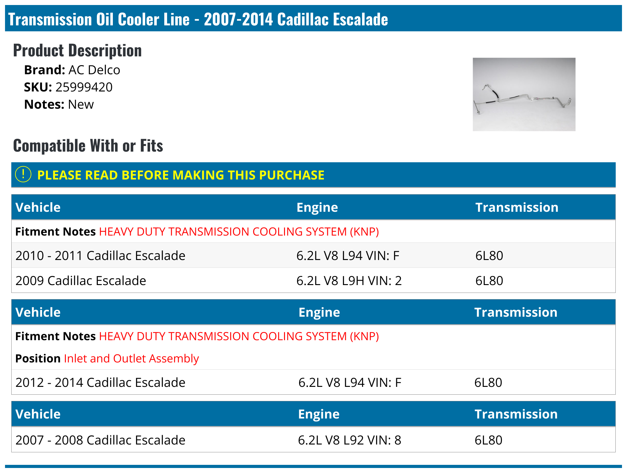 2007-2014 Cadillac Escalade Transmission Oil Cooler Line - AC Delco ...