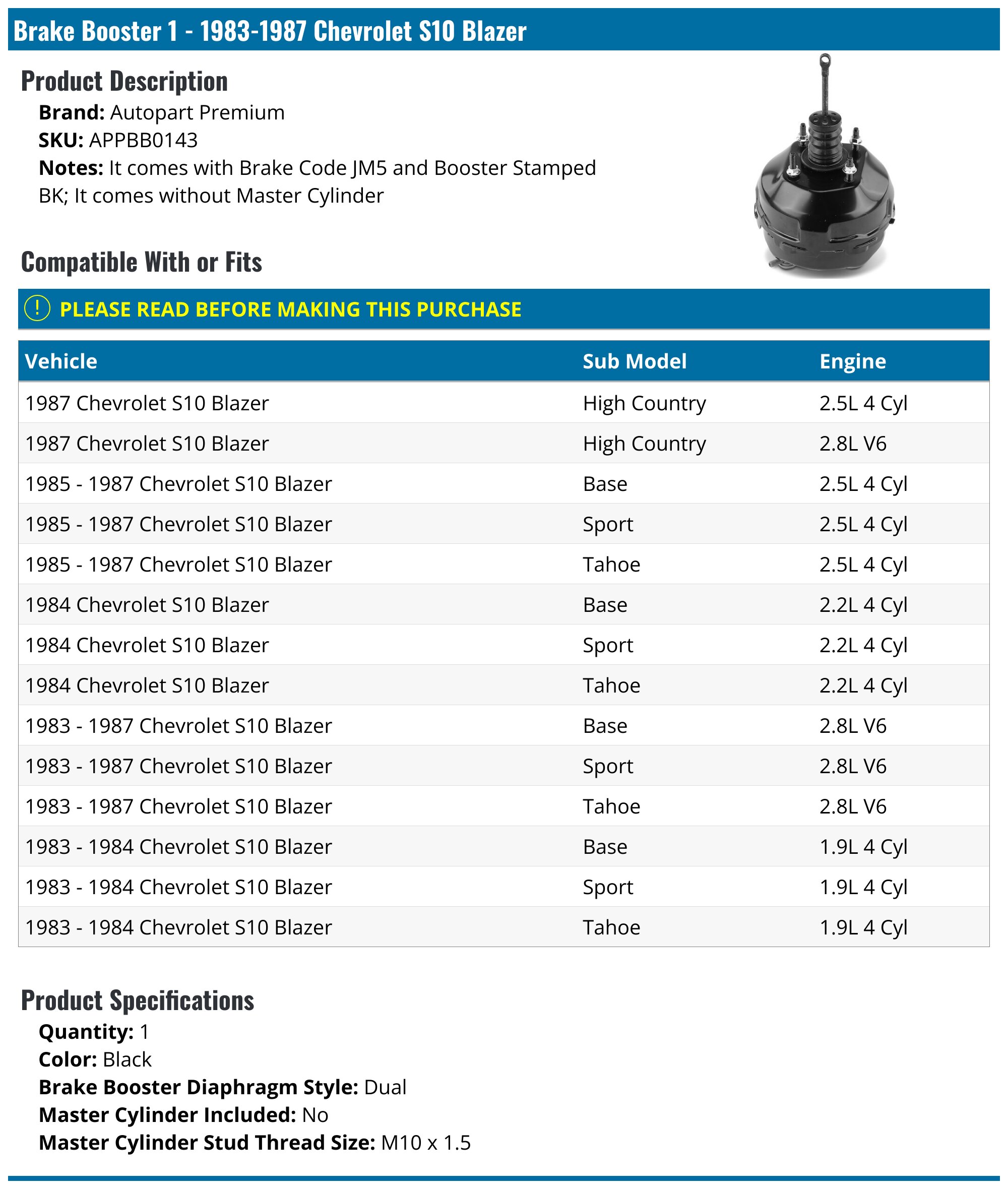 1983-1987 Chevrolet S10 Blazer Brake Booster - Autopart Premium ...