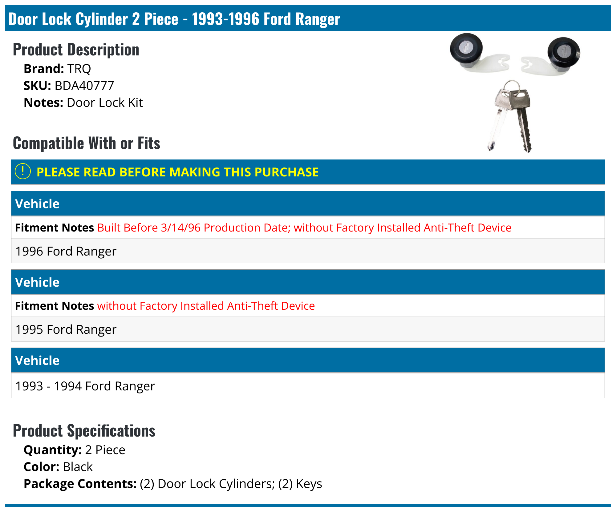 1993-1996 Ford Ranger Door Lock Cylinder - TRQ BDA40777 - PartsGeek.com
