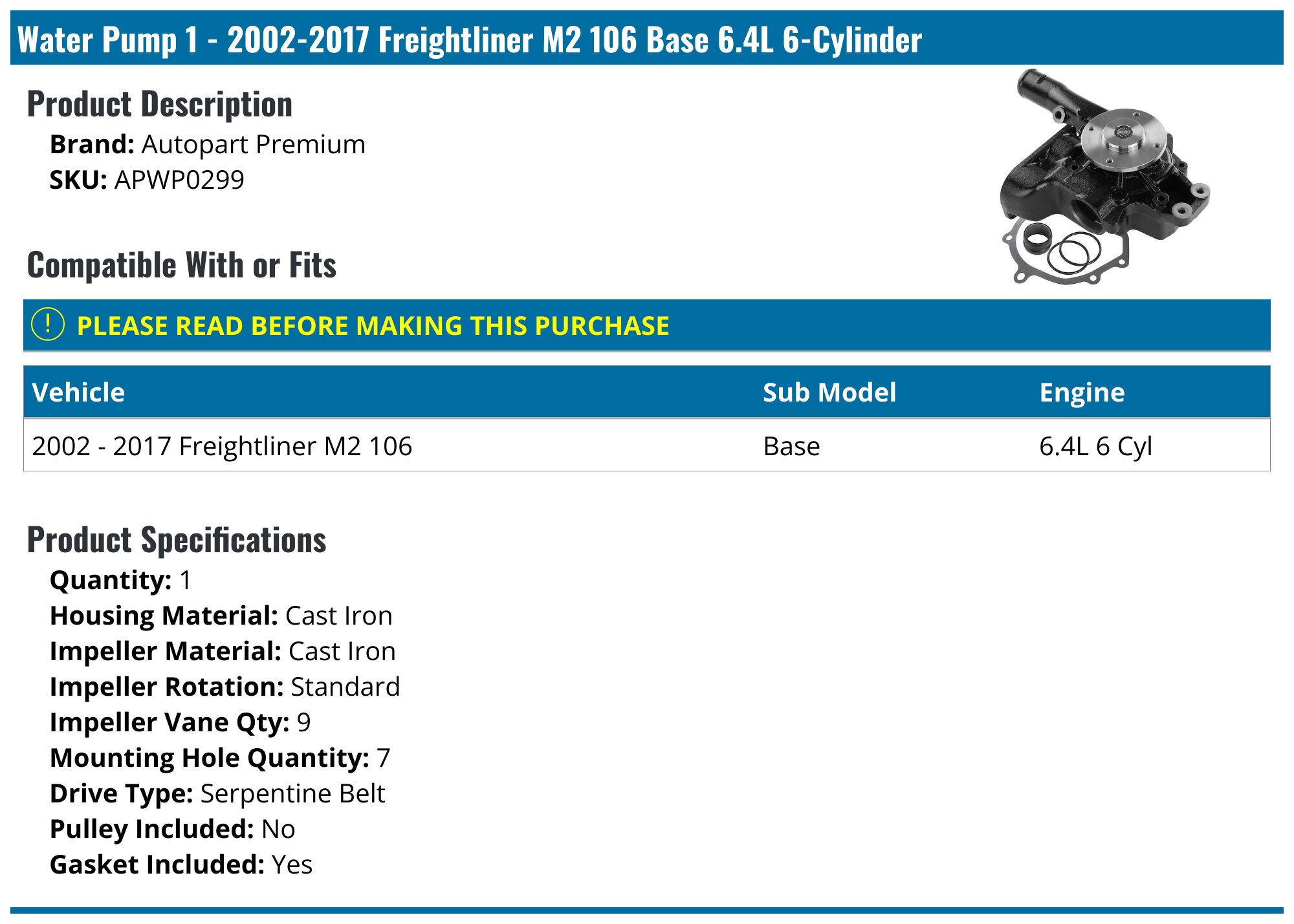 2002-2017 Freightliner M2 106 Water Pump - Autopart Premium APWP0299 ...