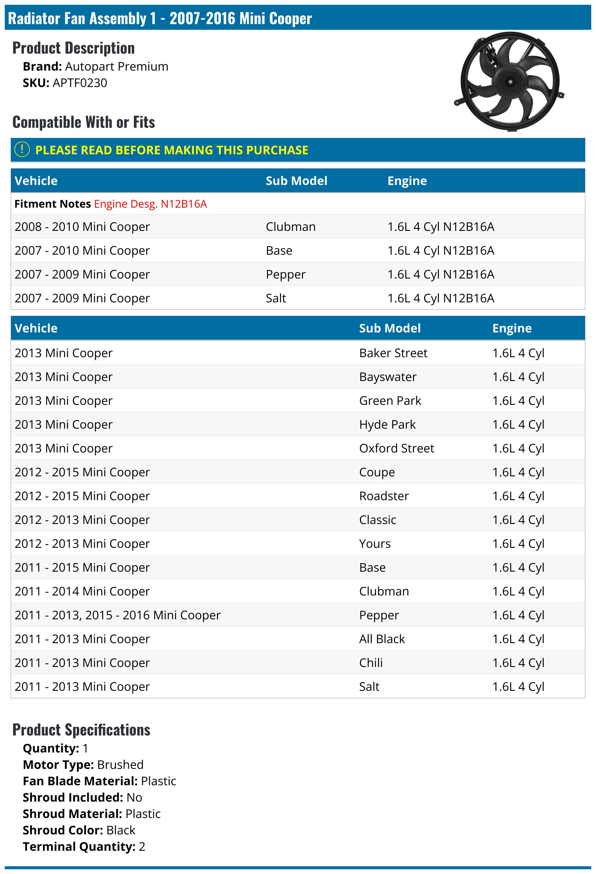 2007-2016 Mini Cooper Radiator Fan Assembly - Autopart Premium APTF0230 ...